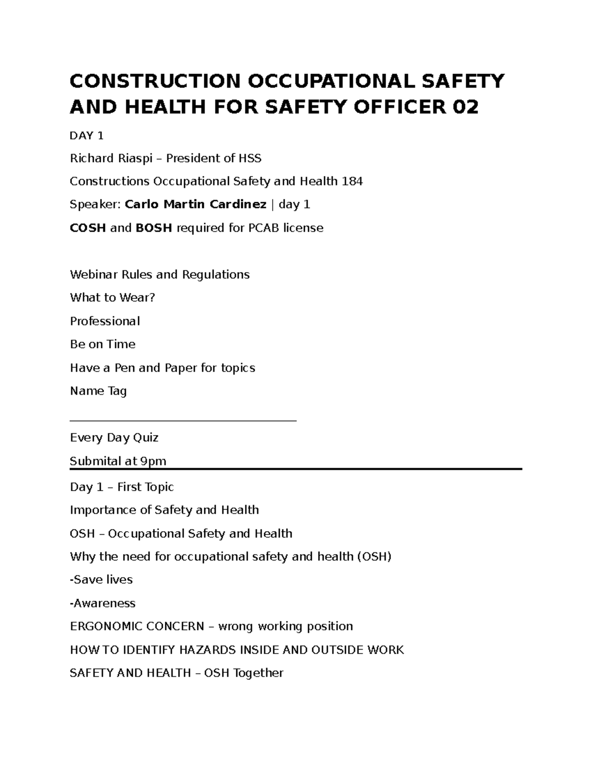 Cosh SO2 DAY 1 Program - CONSTRUCTION OCCUPATIONAL SAFETY AND HEALTH ...