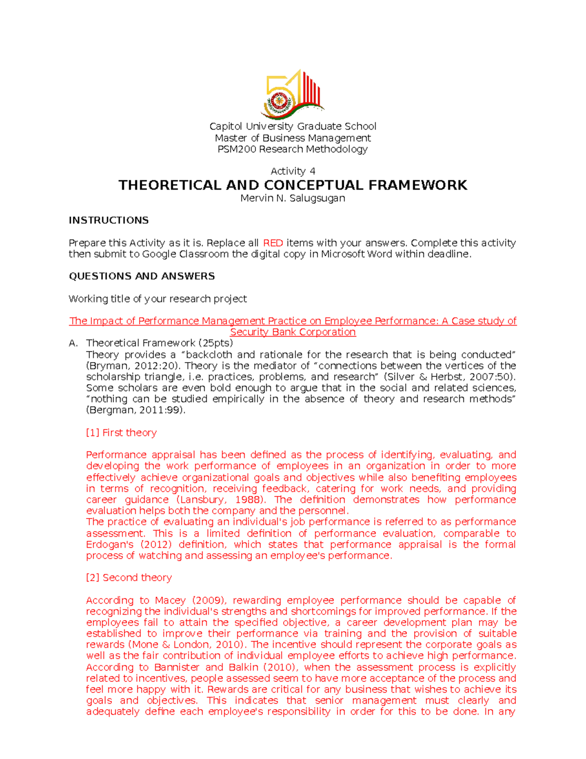 Framework of the theoretical activity - Capitol University Graduate ...