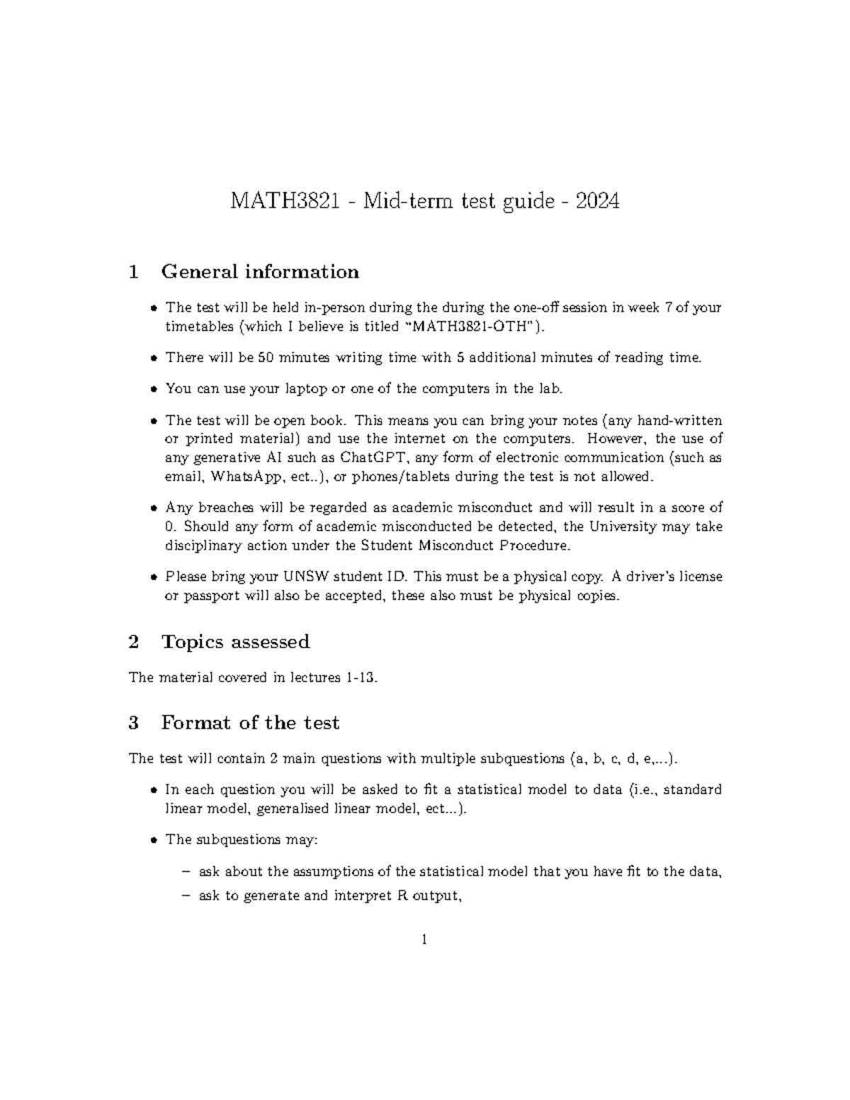MATH3821 Mid-term Guide - MATH3821 - Mid-term test guide - 2024 1 ...