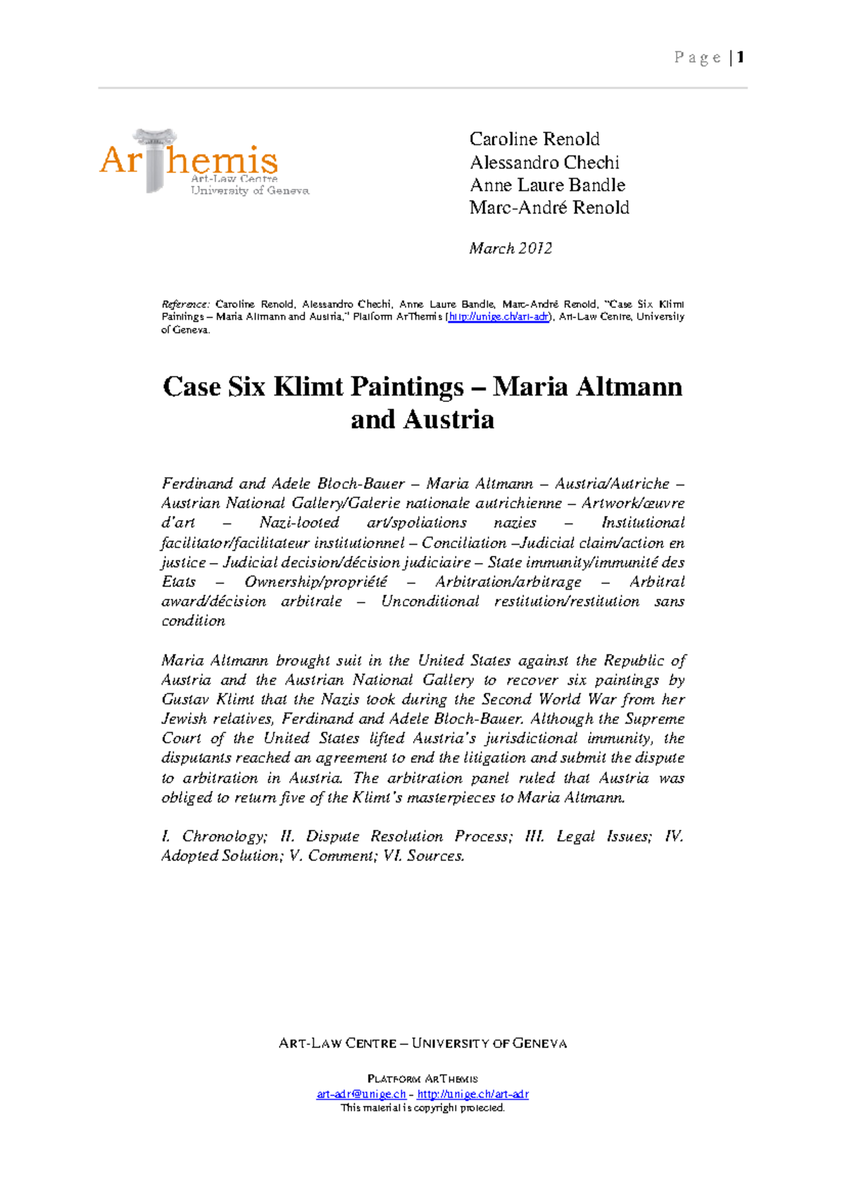 Case Note 2013 Six Klimt paintings 2013 Maria Altmann and Austria - ART ...