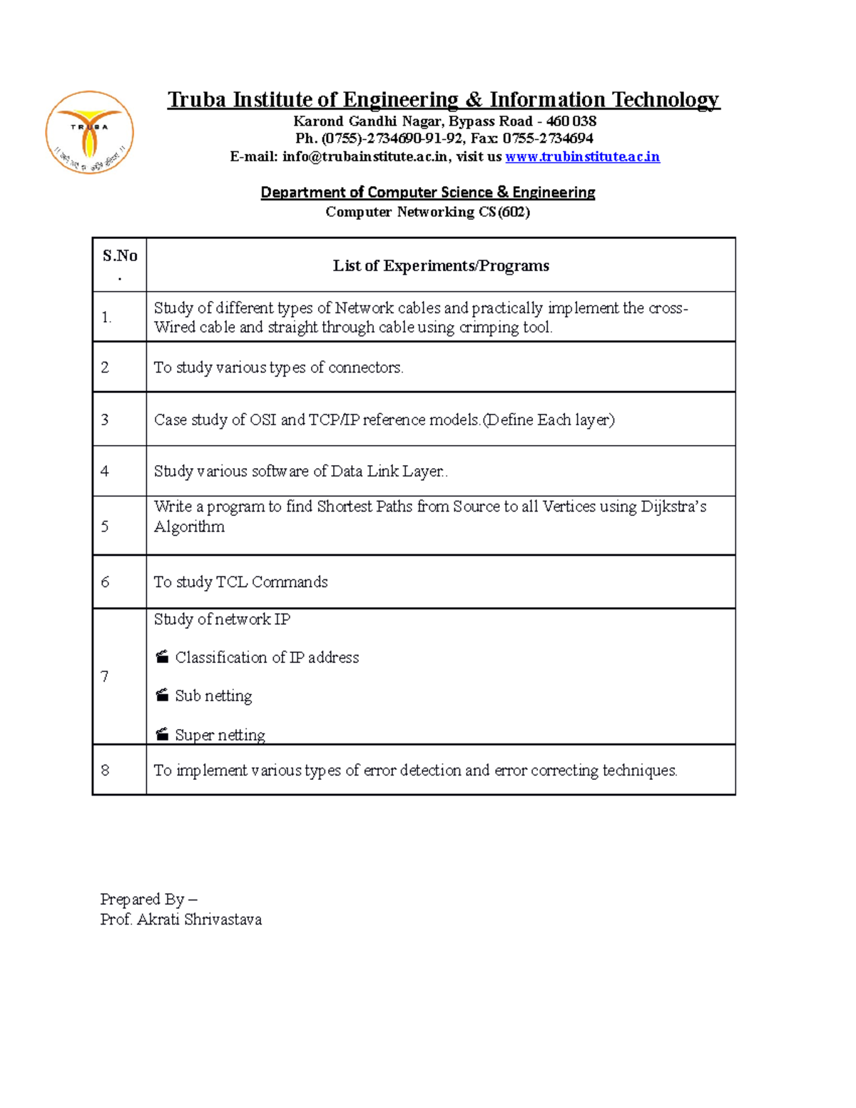 CN Practical list - Truba Institute of Engineering & Information Technology Karond Gandhi Nagar ...