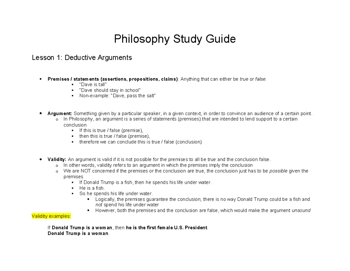 Phil 210 Notes - Philosophy Study Guide Lesson 1: Deductive Arguments ...