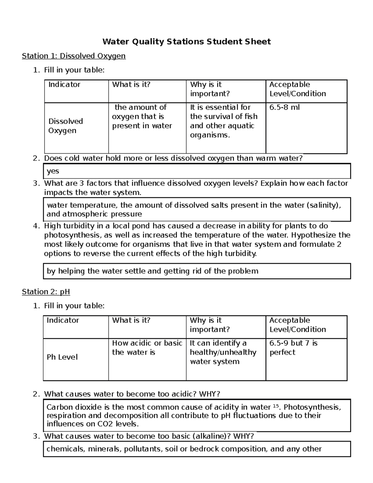 Water Quality Stations Student Sheet - Water Quality Stations Student ...
