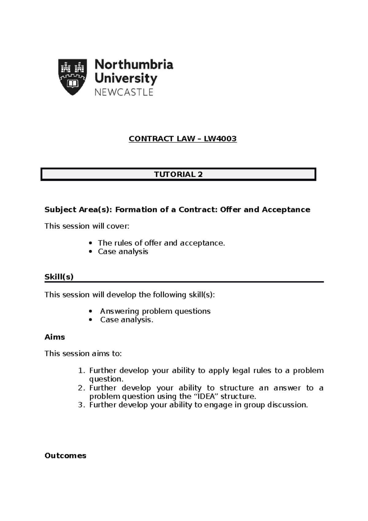 Tutorial 2Materials 2021 - CONTRACT LAW – LW TUTORIAL 2 Subject Area(s ...