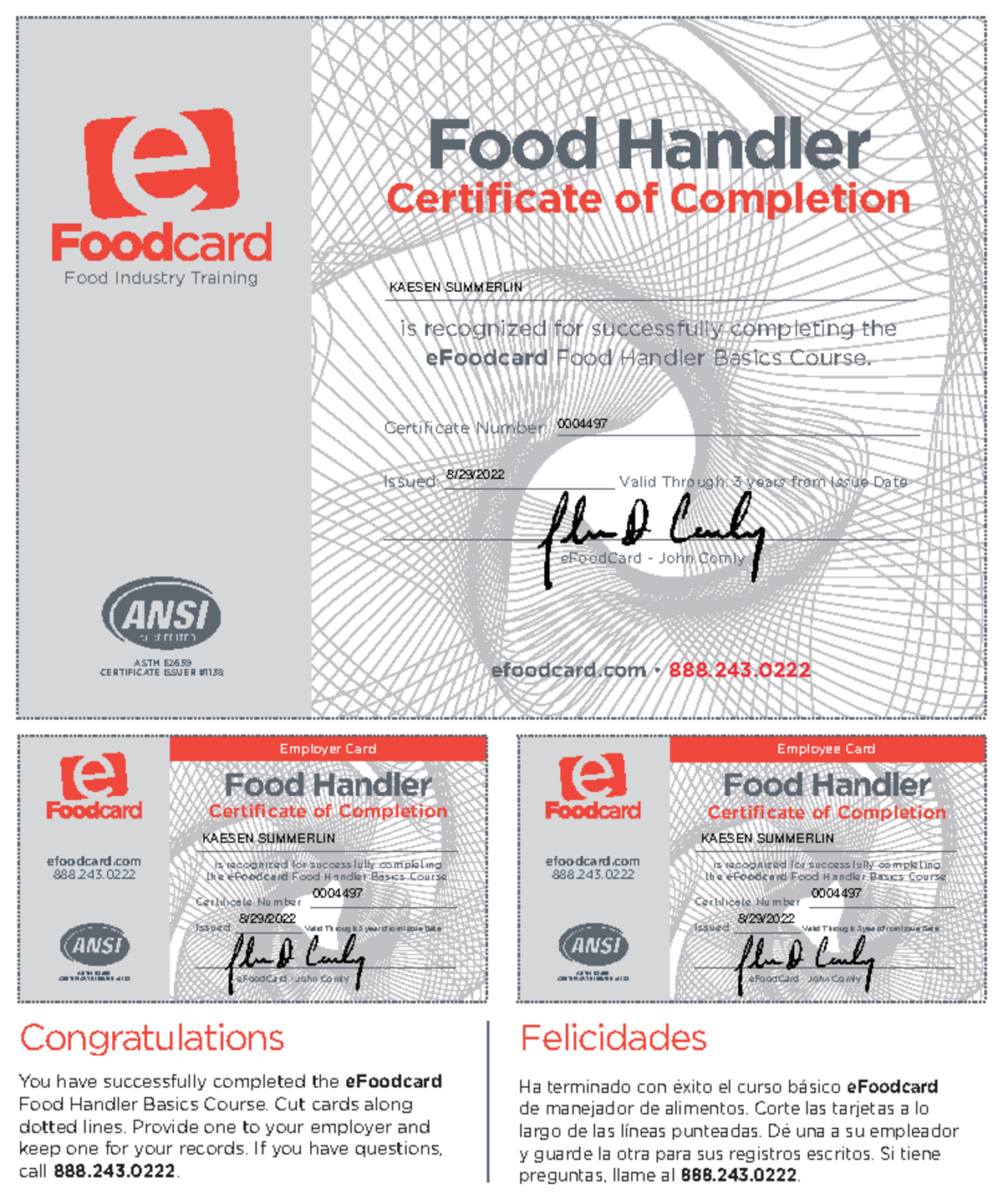 Food handlers card completed - Congratulations You have successfully ...