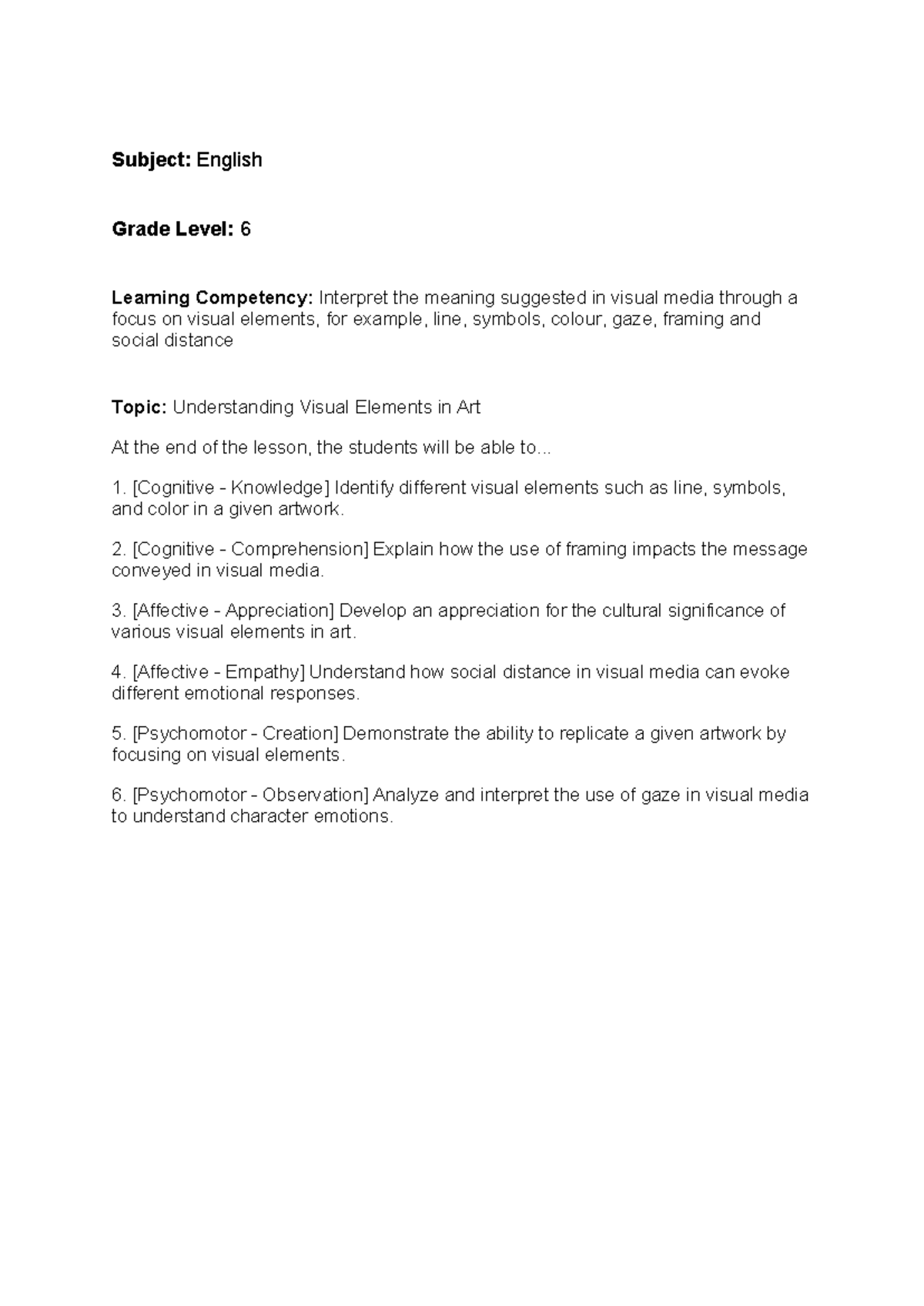 Learning competency - Lp in English 6 quarter 1 wk 8 - Subject: English ...