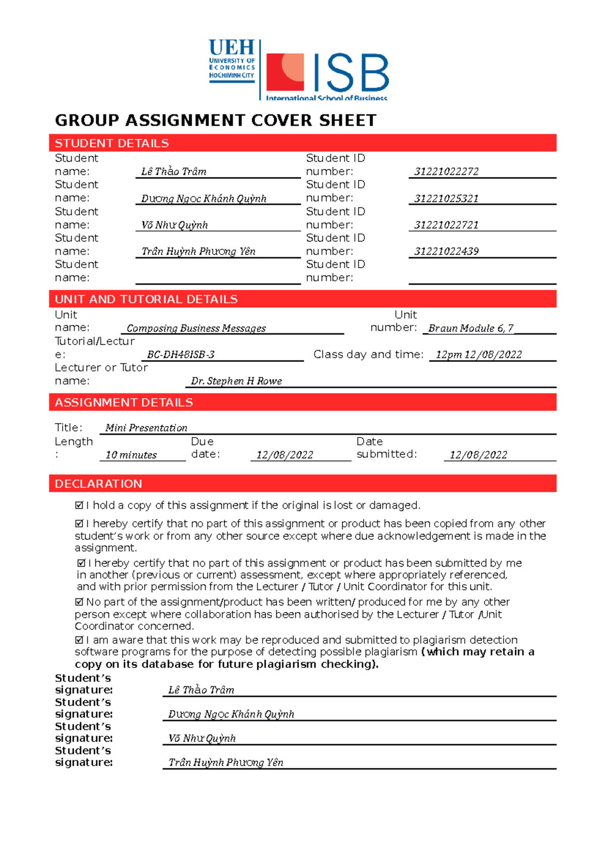 Group Assignment Cover Sheet ISB - GROUP ASSIGNMENT COVER SHEET STUDENT ...
