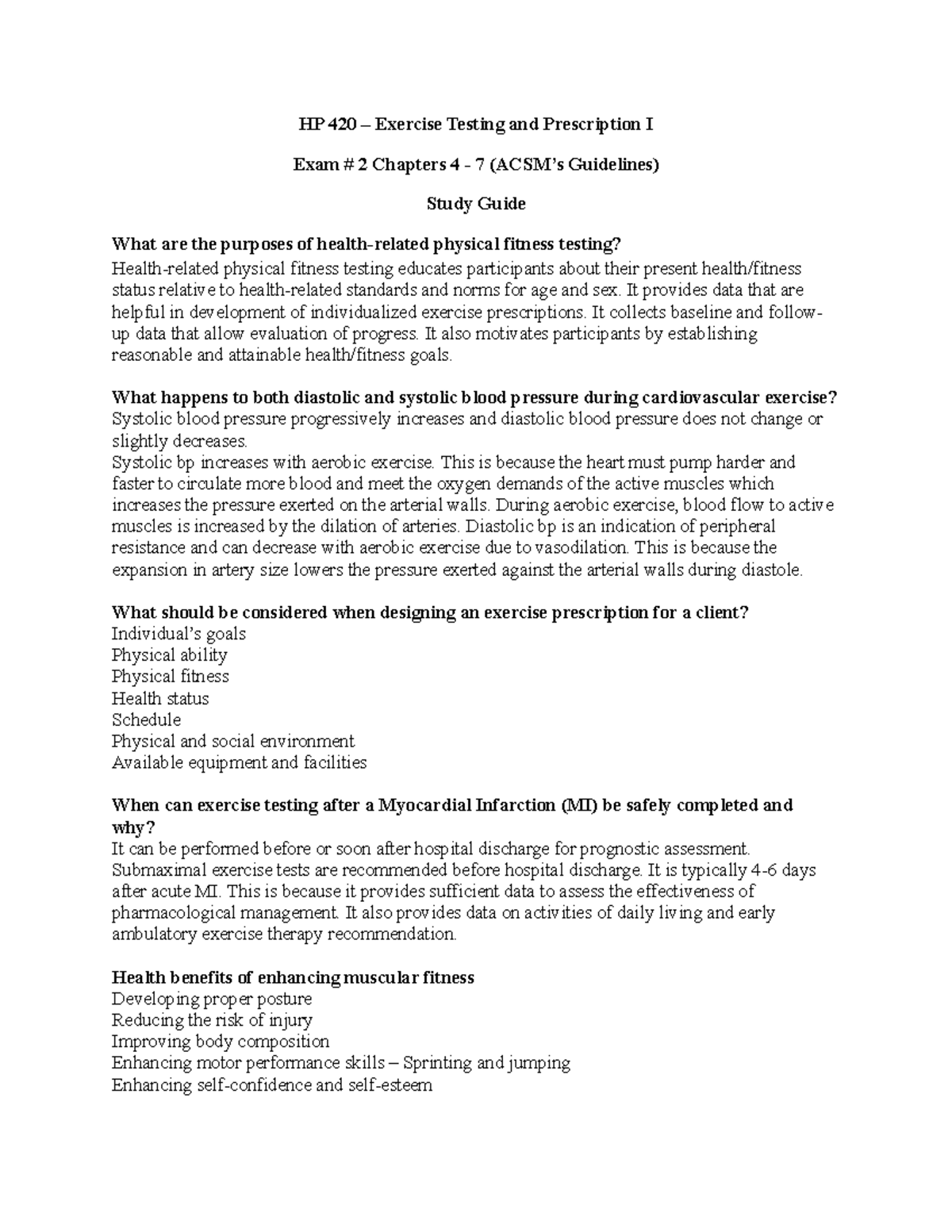 Exercise Testing - Exam 2 Study Guide - HP 420 – Exercise Testing and ...