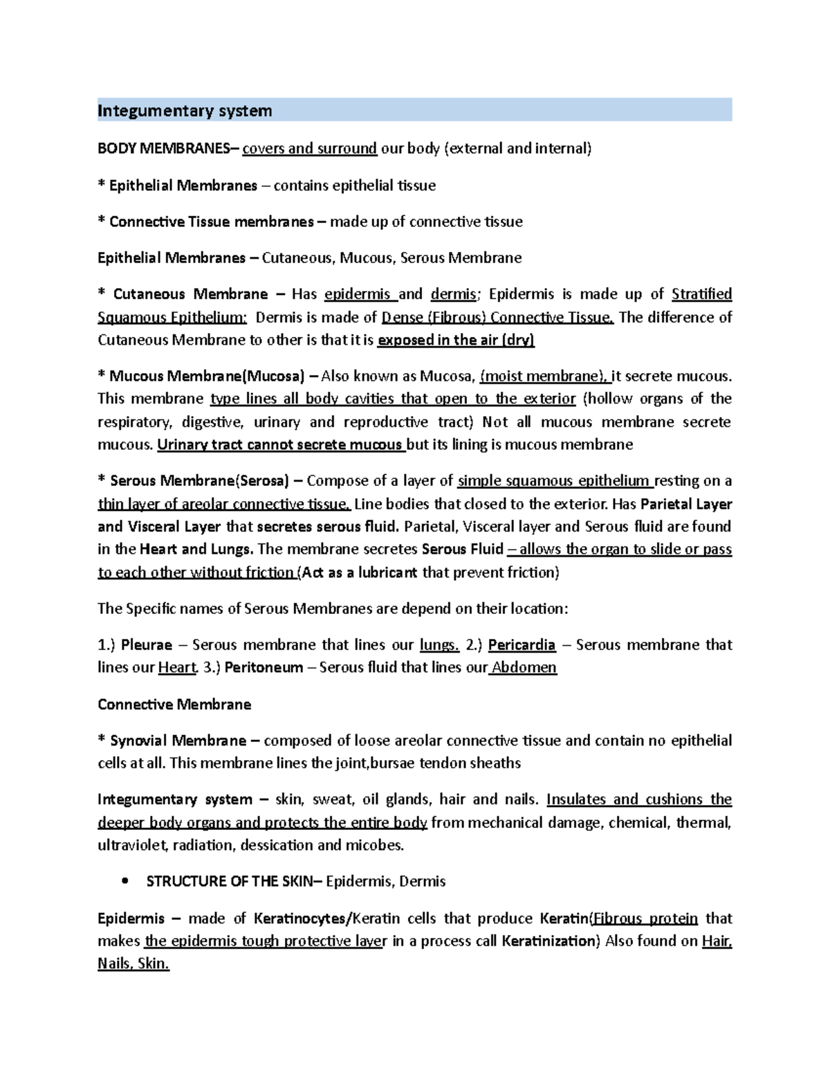 Anaphy Integumentary System - Integumentary system BODY MEMBRANES ...