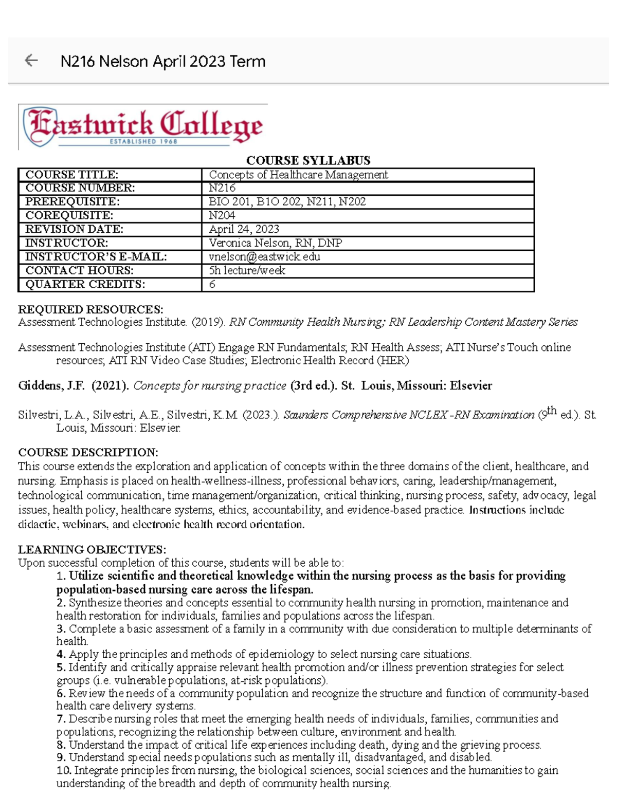 N216 Nelson April 2023 Term - COURSE SYLLABUS COURSE TITLE: Concepts of ...