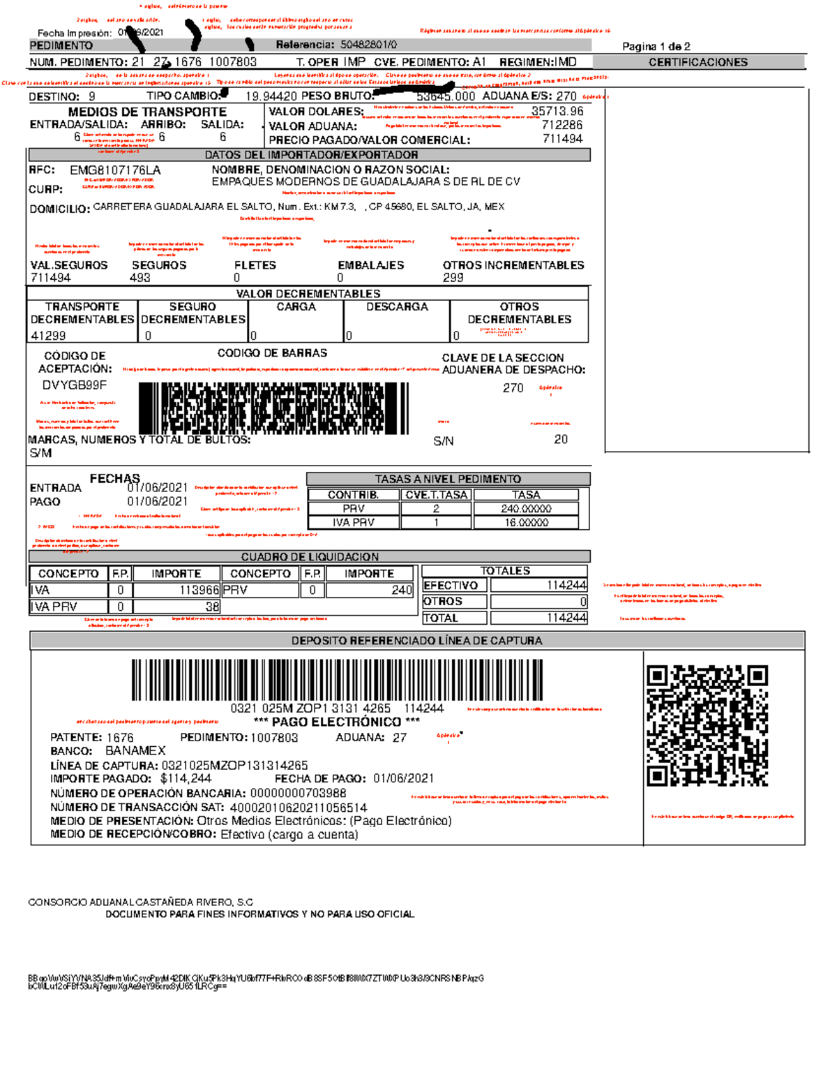 GUIA DE PEDIMENTO ADUANAS - PEDIMENTO NUM. PEDIMENTO:21 27 1676 1007803 ...