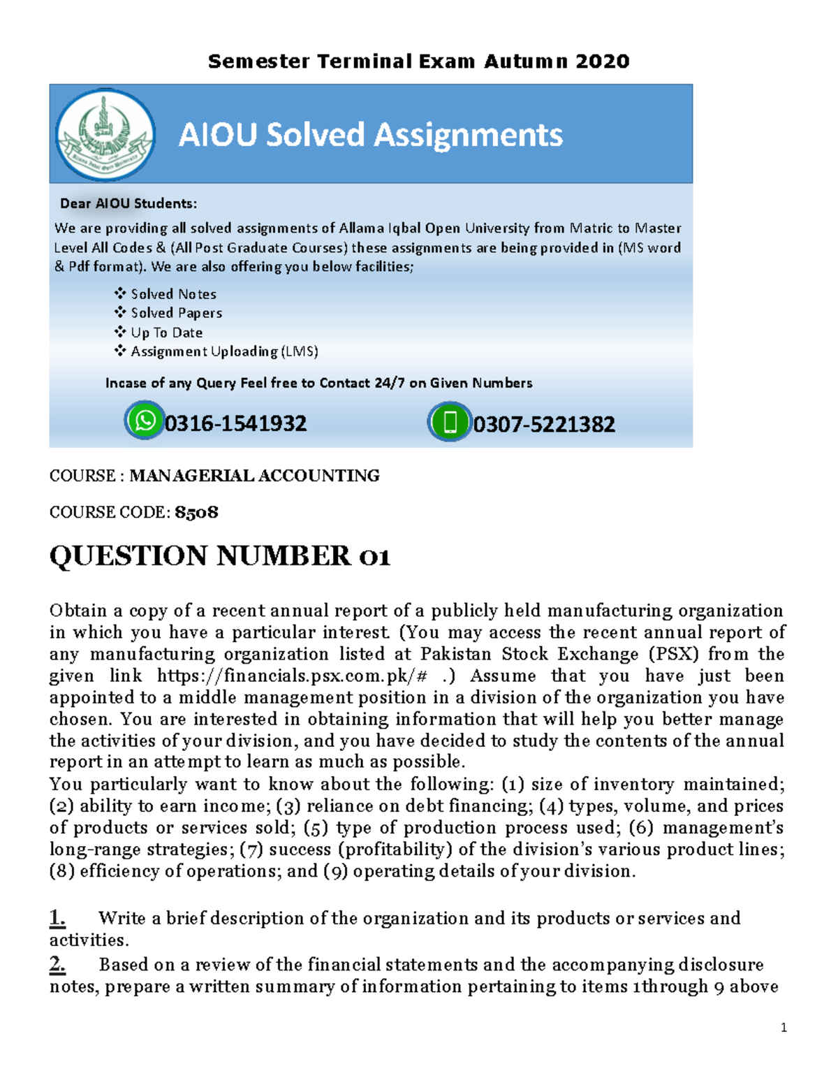 8508-exam notes 2021 - 8508 Practice Material - Semester Terminal Exam ...