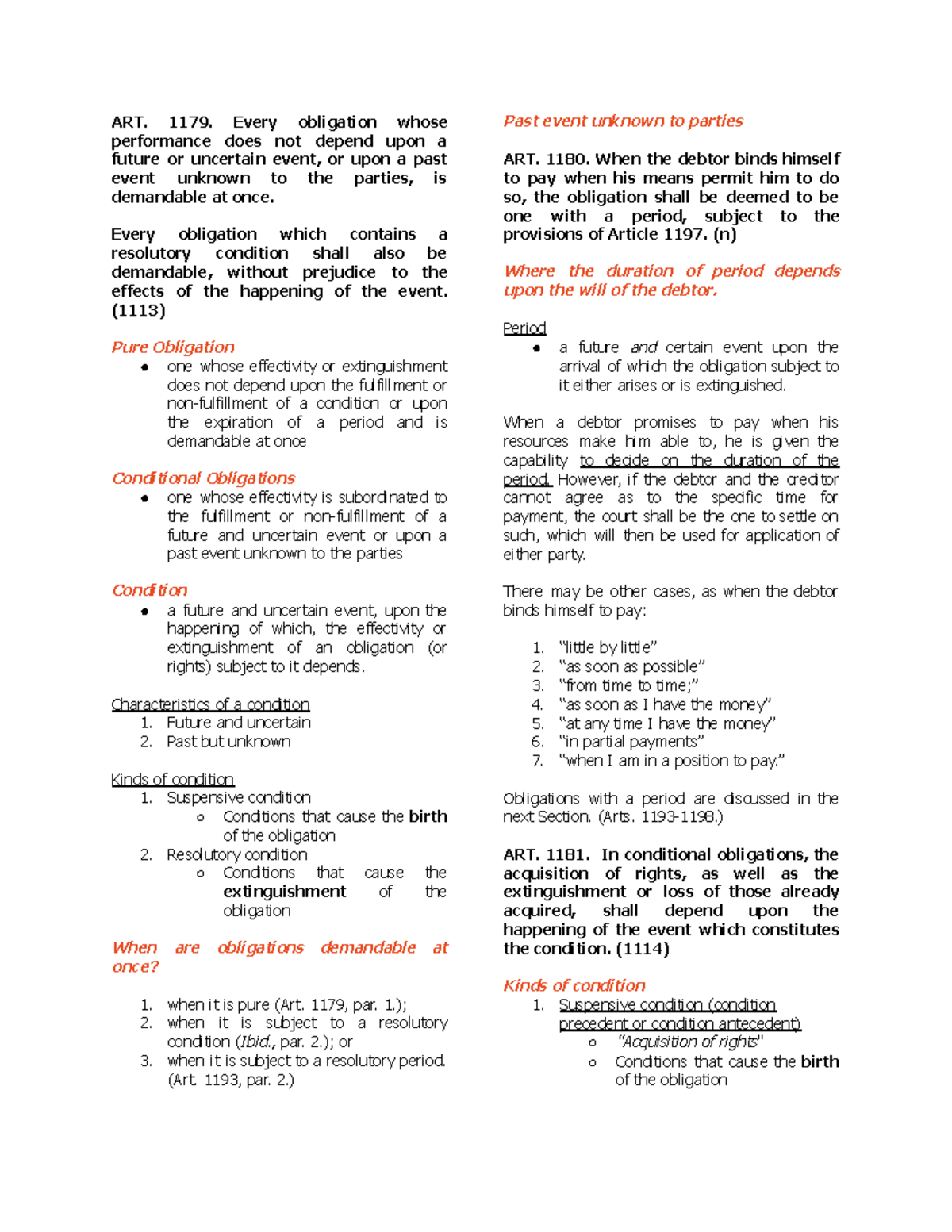 [ Coblaw 1] Article 1179-1192 Notes - ART. 1179. Every obligation whose ...