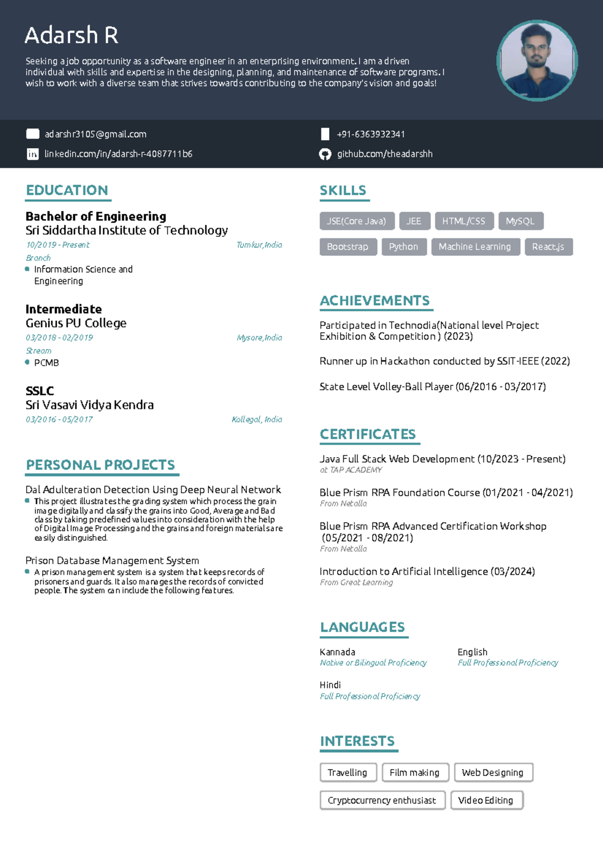 Adarsh's Resume-1 - Resume - Adarsh R Seeking a job opportunity as a ...