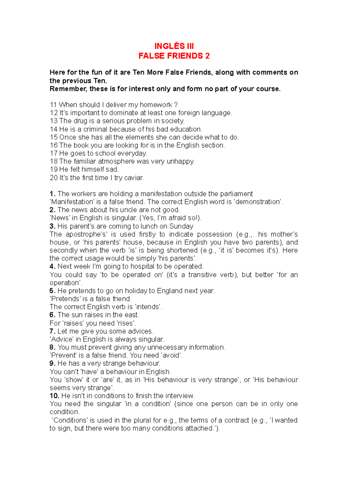 False Friends 2 - Actividades - INGLÊS III FALSE FRIENDS 2 Here for the ...