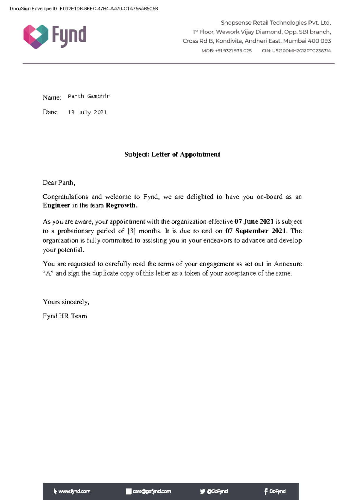 Please Docu Sign Appointment Letter Parth Gam - Name: Date: Subject ...