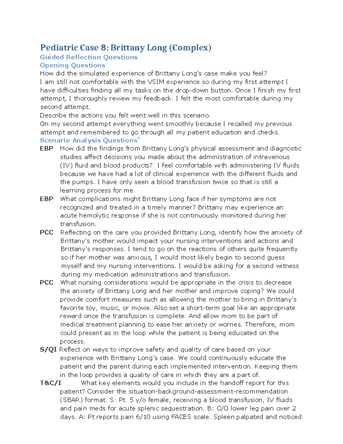 Brittney Long Complex Guided Reflection document - Pediatric Case 8: Brittany Long (Complex ...