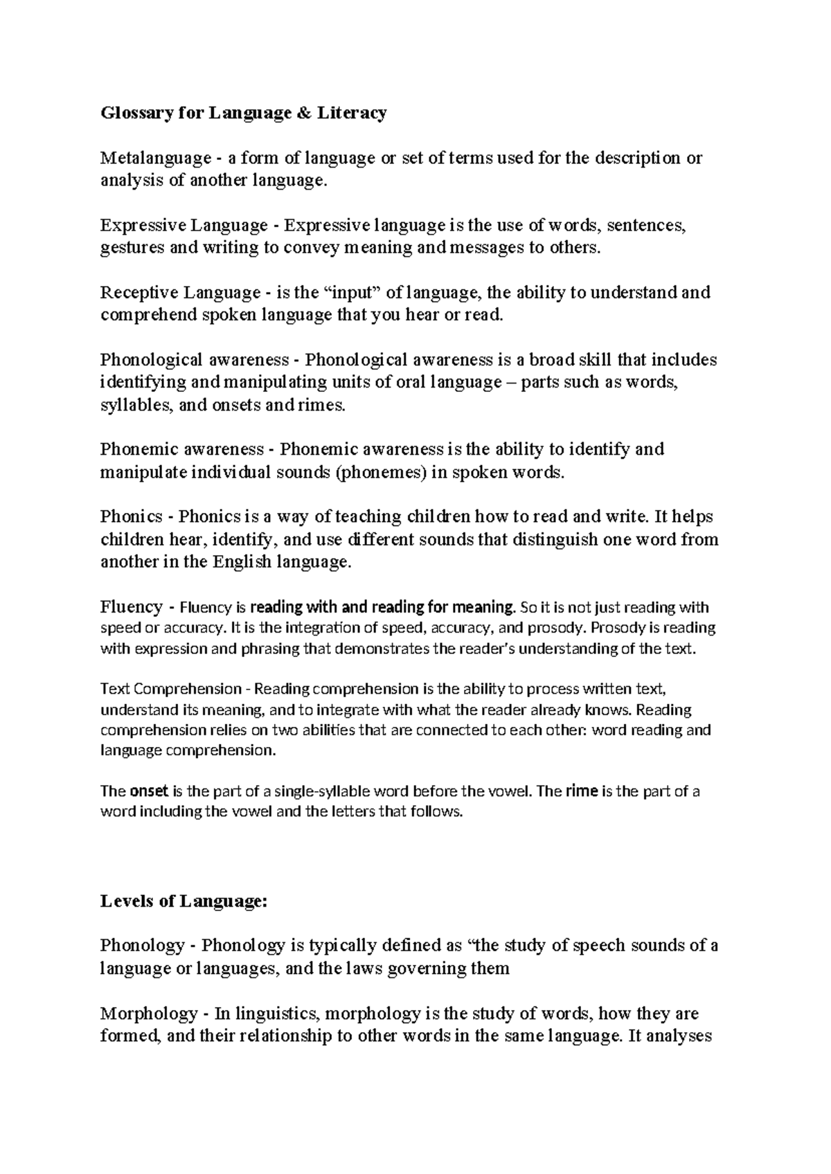 Glossary for EDST2100 - Glossary for Language & Literacy Metalanguage ...