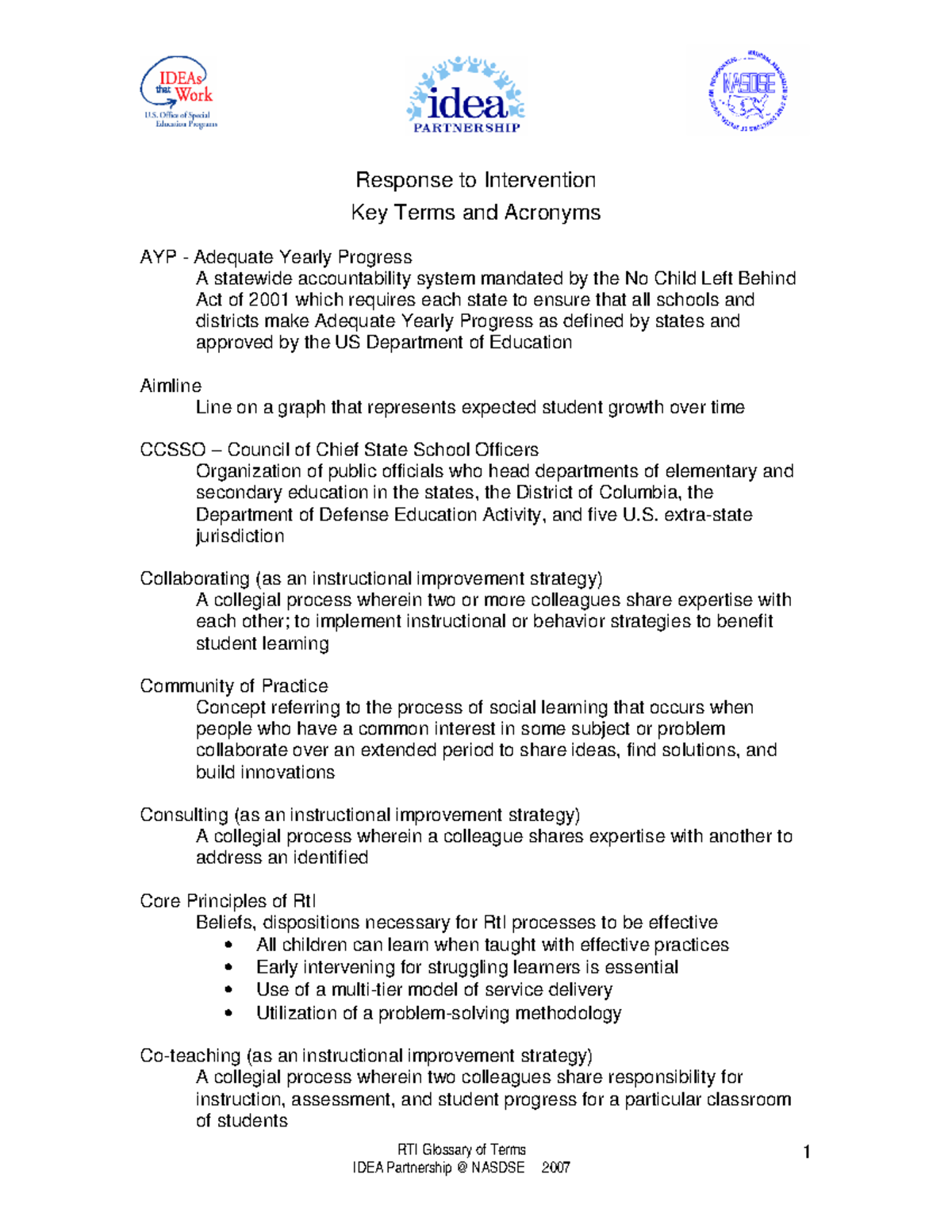 RTI 1a 1 Glossary - RTI Glossary of Terms 1 Response to Intervention ...
