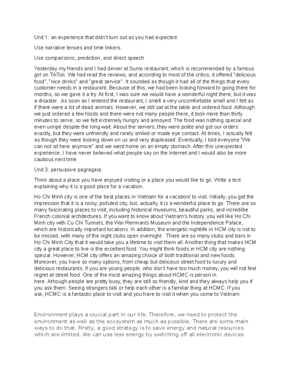 Writing - Unit 1: an experience that didn’t turn out as you had ...