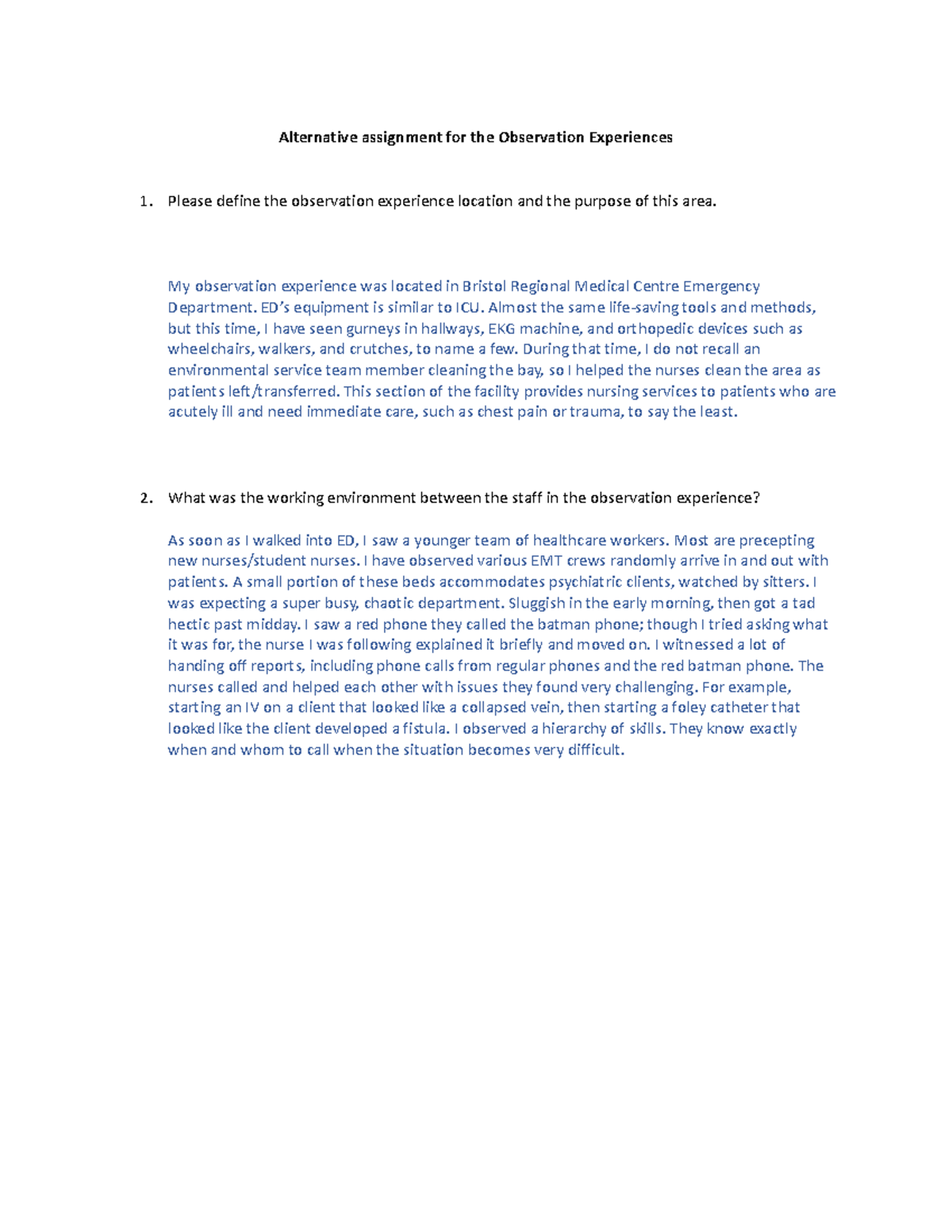Alternative assignment for the Observation Experiences ED - Alternative ...