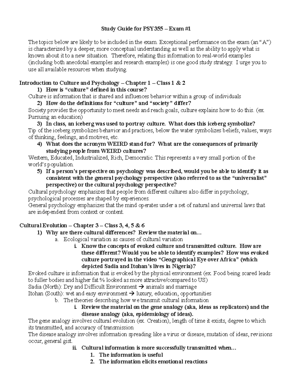 PSY 355 Exam 1 Study Guide - Study Guide for PSY355 Exam The topics below are likely to be ...