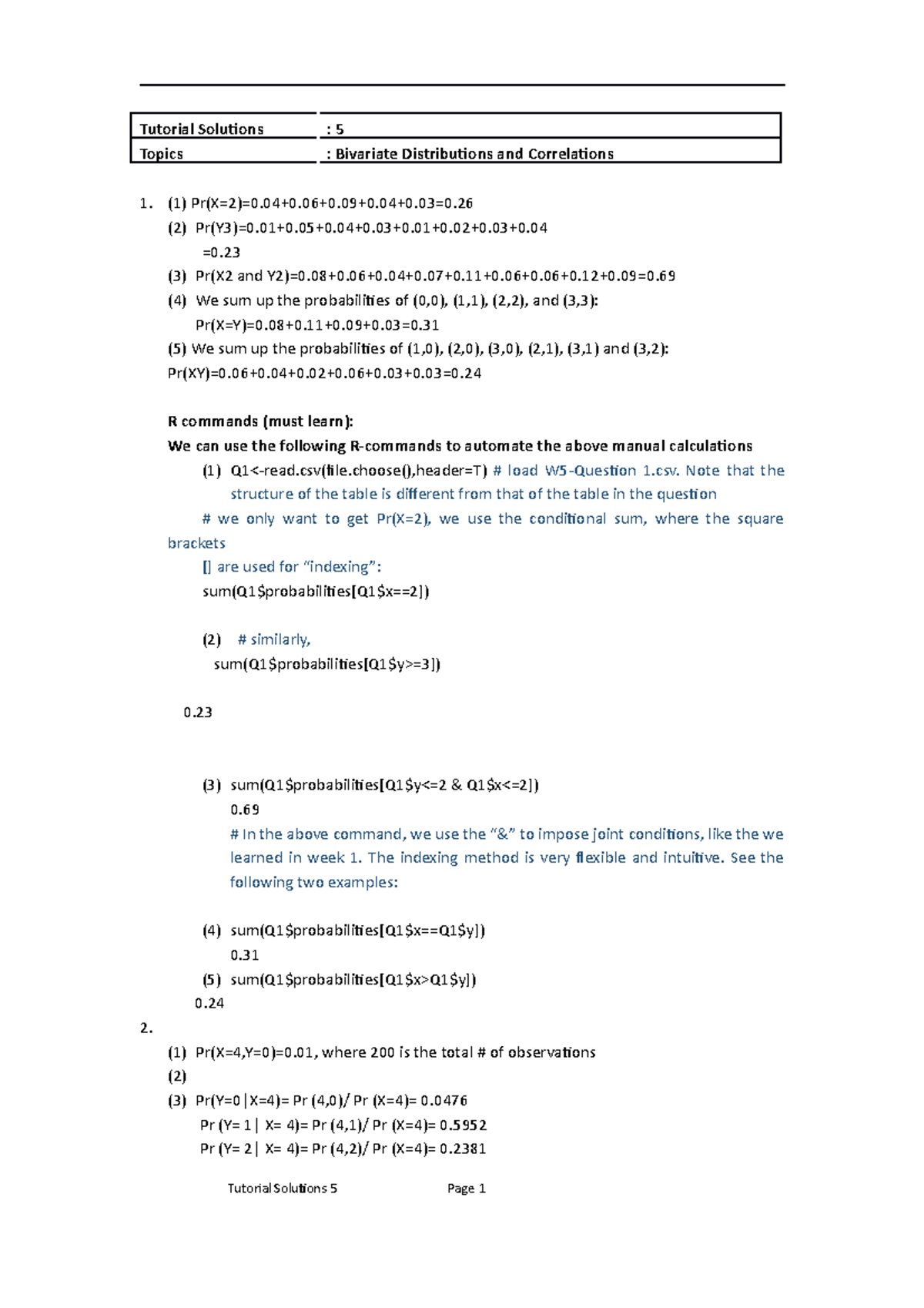 Solutions week 5 - AB1202 tut questions - Tutorial Solutions : 5 Topics : Bivariate ...