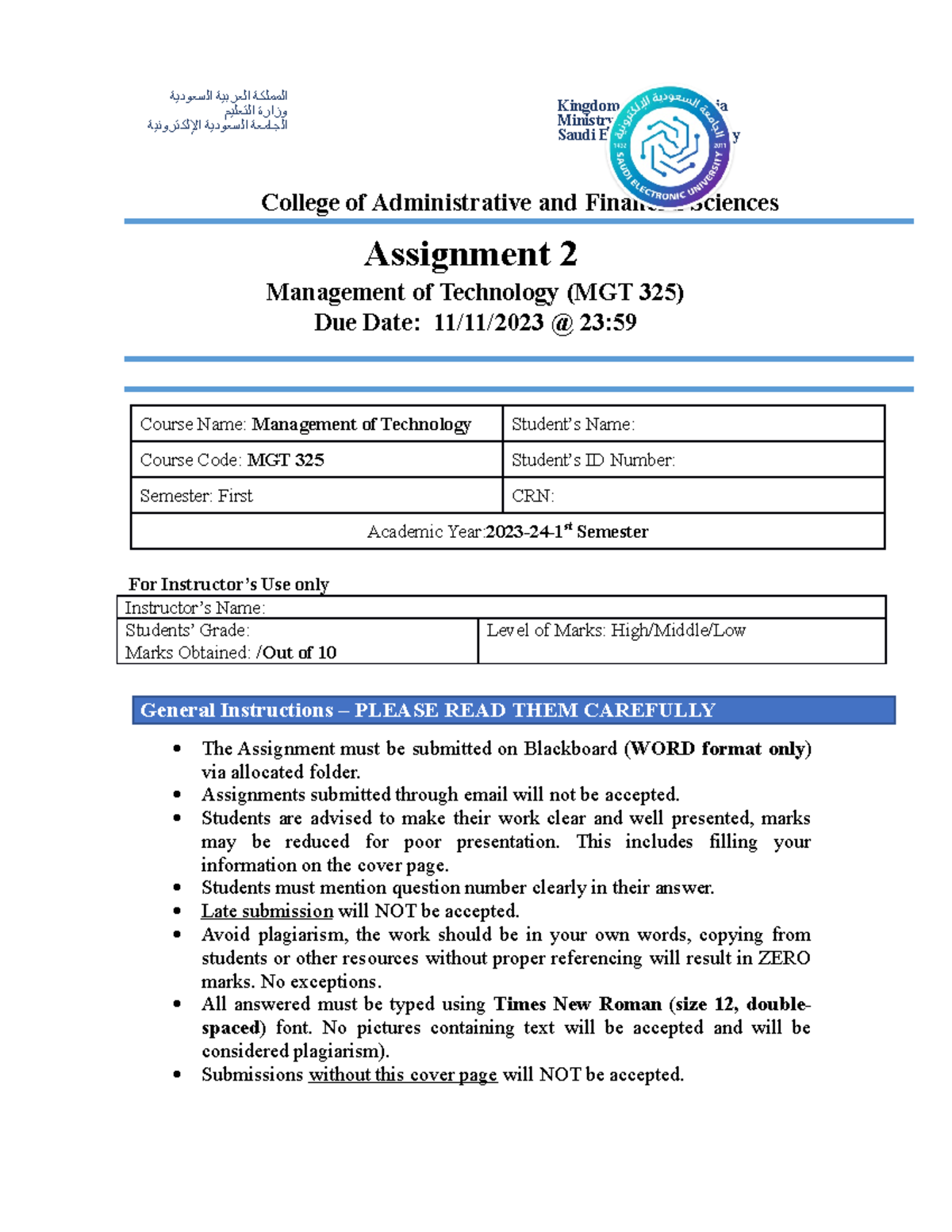 MGT325 Management of Technology-Assignment 2 2023-24 -1st Sem - Kingdom of Saudi Arabia Ministry ...