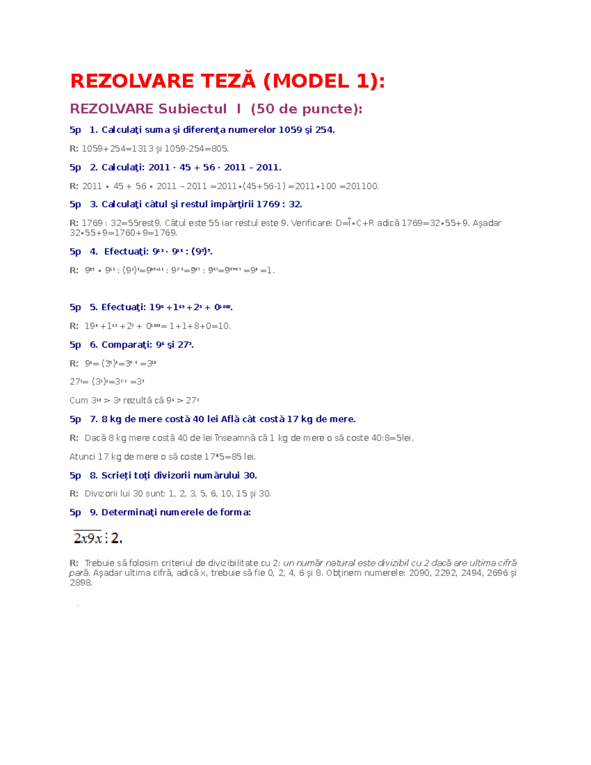 Rezolvare TEZĂ - teza - REZOLVARE TEZĂ (MODEL 1): REZOLVARE Subiectul I (50 de puncte): 5p 1 ...