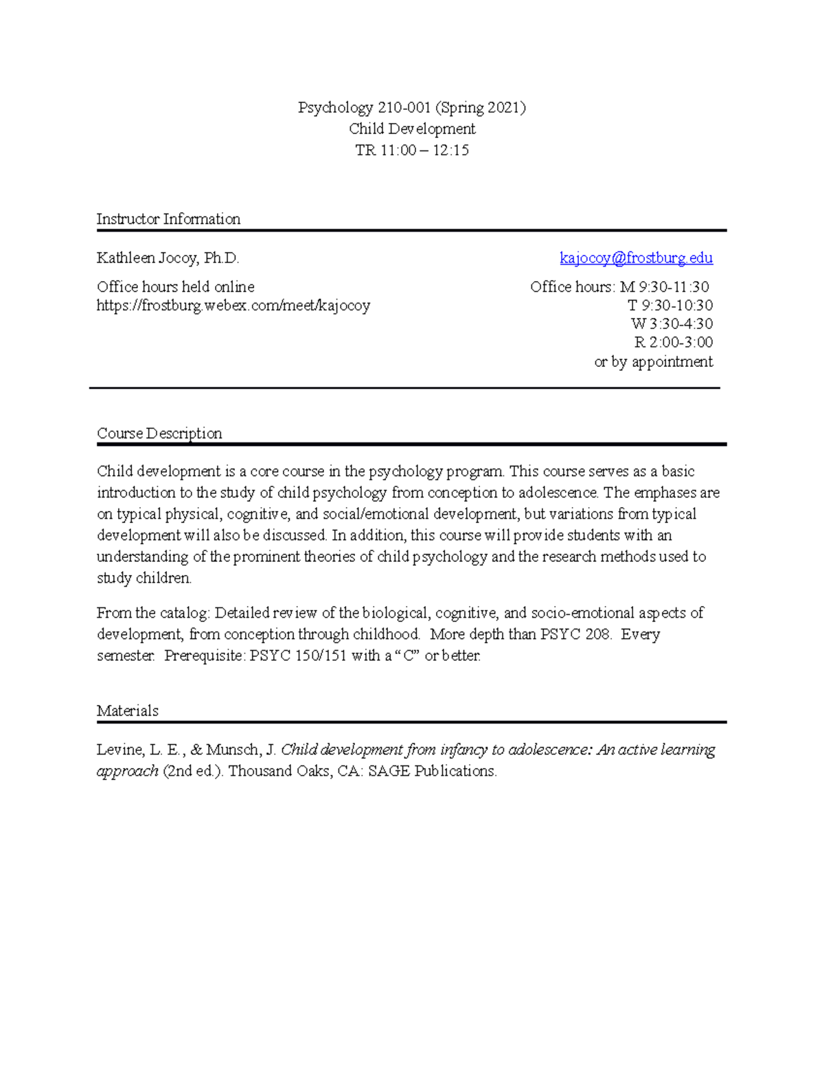 SYL210 - syllabus - Psychology 210-001 (Spring 2021) Child Development ...