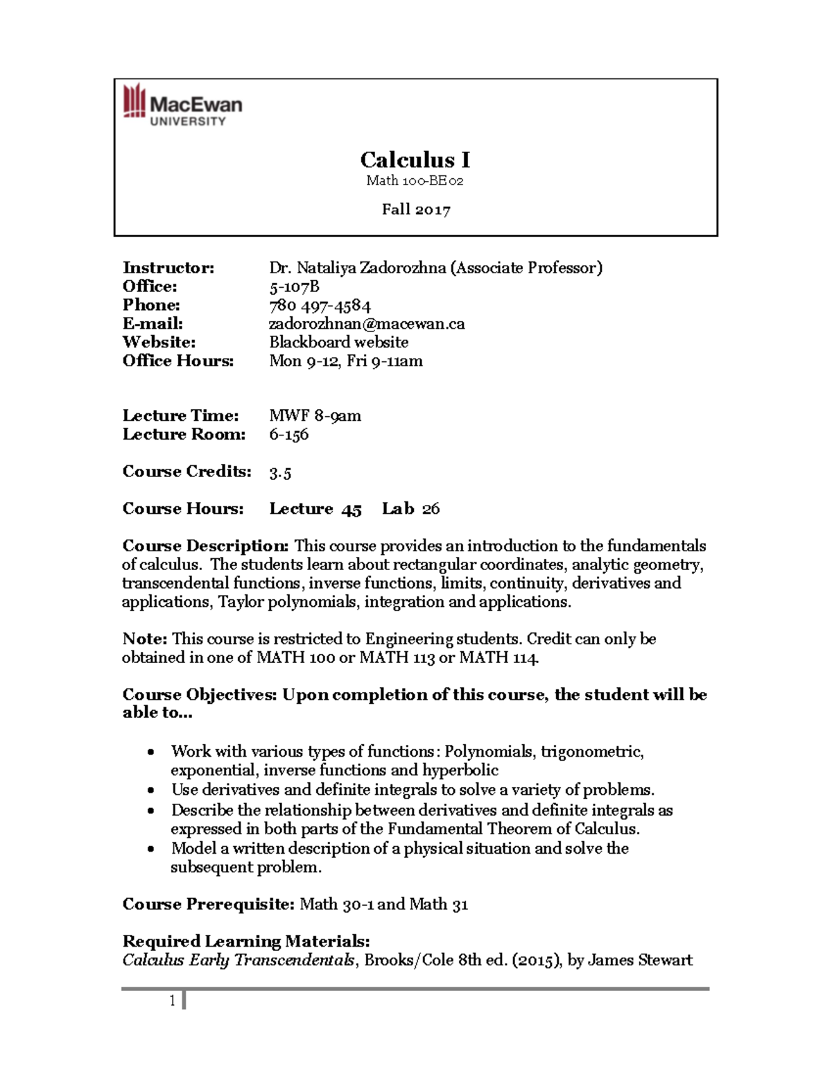 000 Course Outline - Calculus I Math 100-BE Fall 2017 Instructor: Dr ...