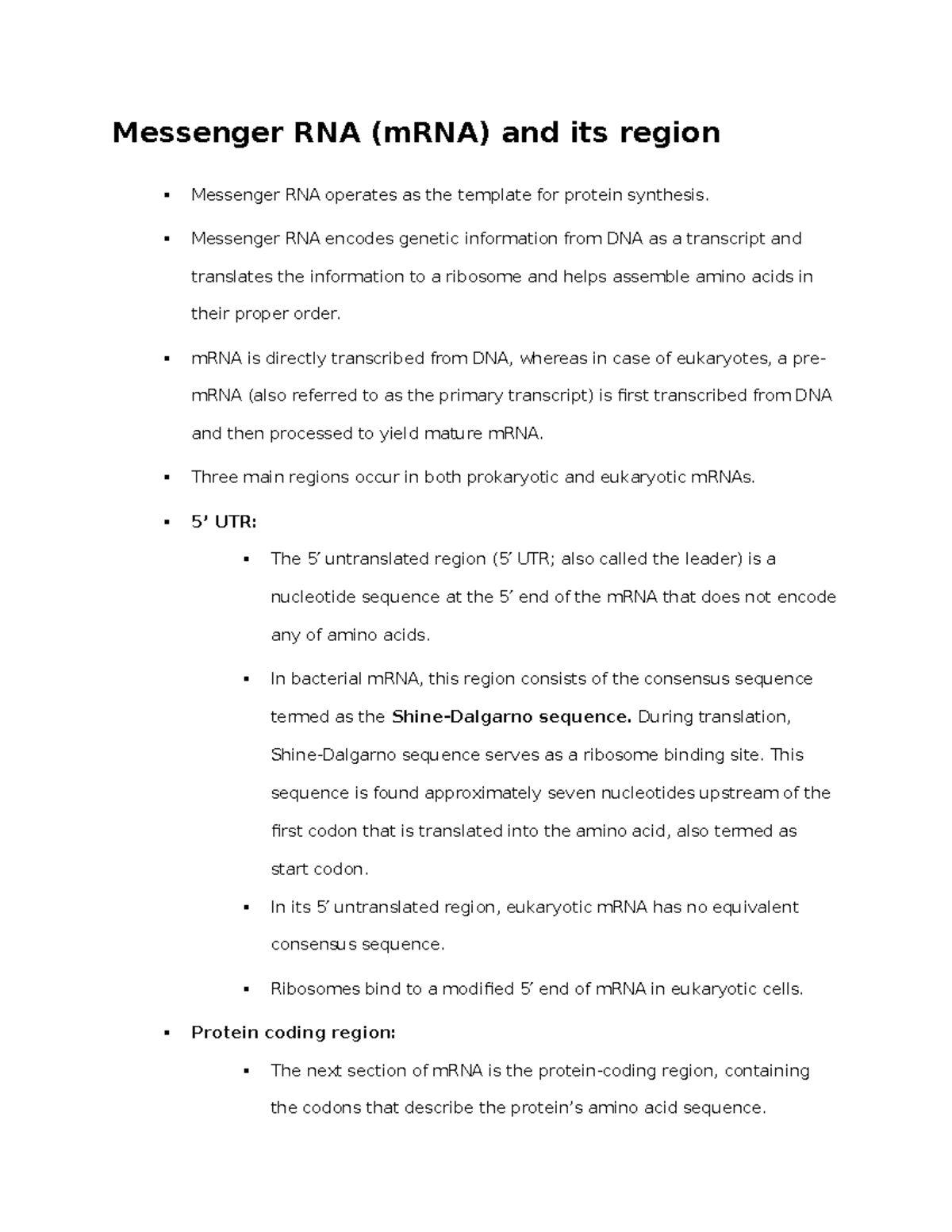 Biology Science 61 - Messenger RNA (mRNA) and its region Messenger RNA ...