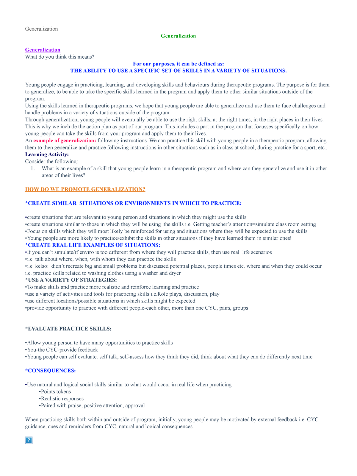 Generalization - variety of skills - Generalization Generalization ...