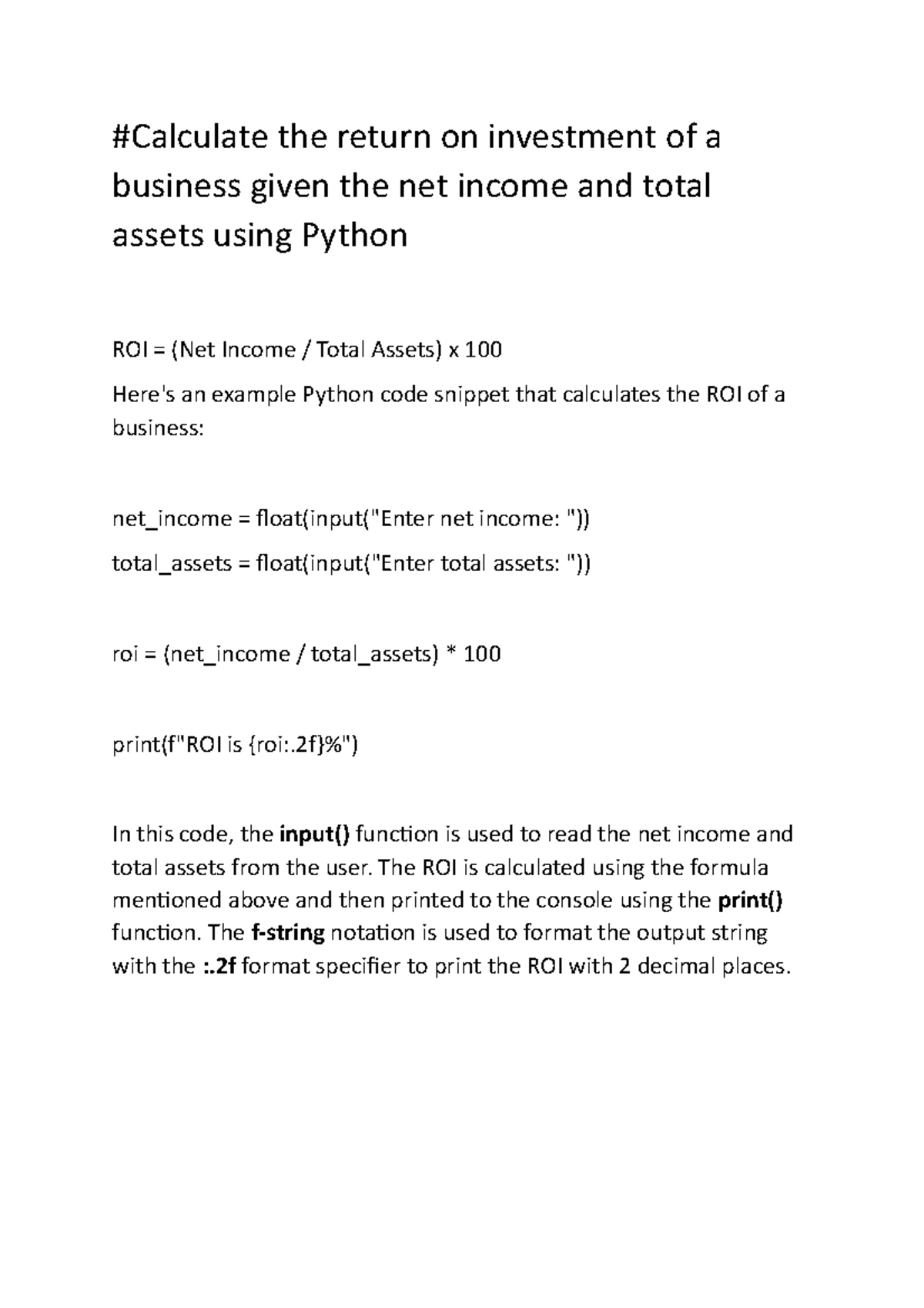 Net Income And Total Assets Using Python Calculate The Return On