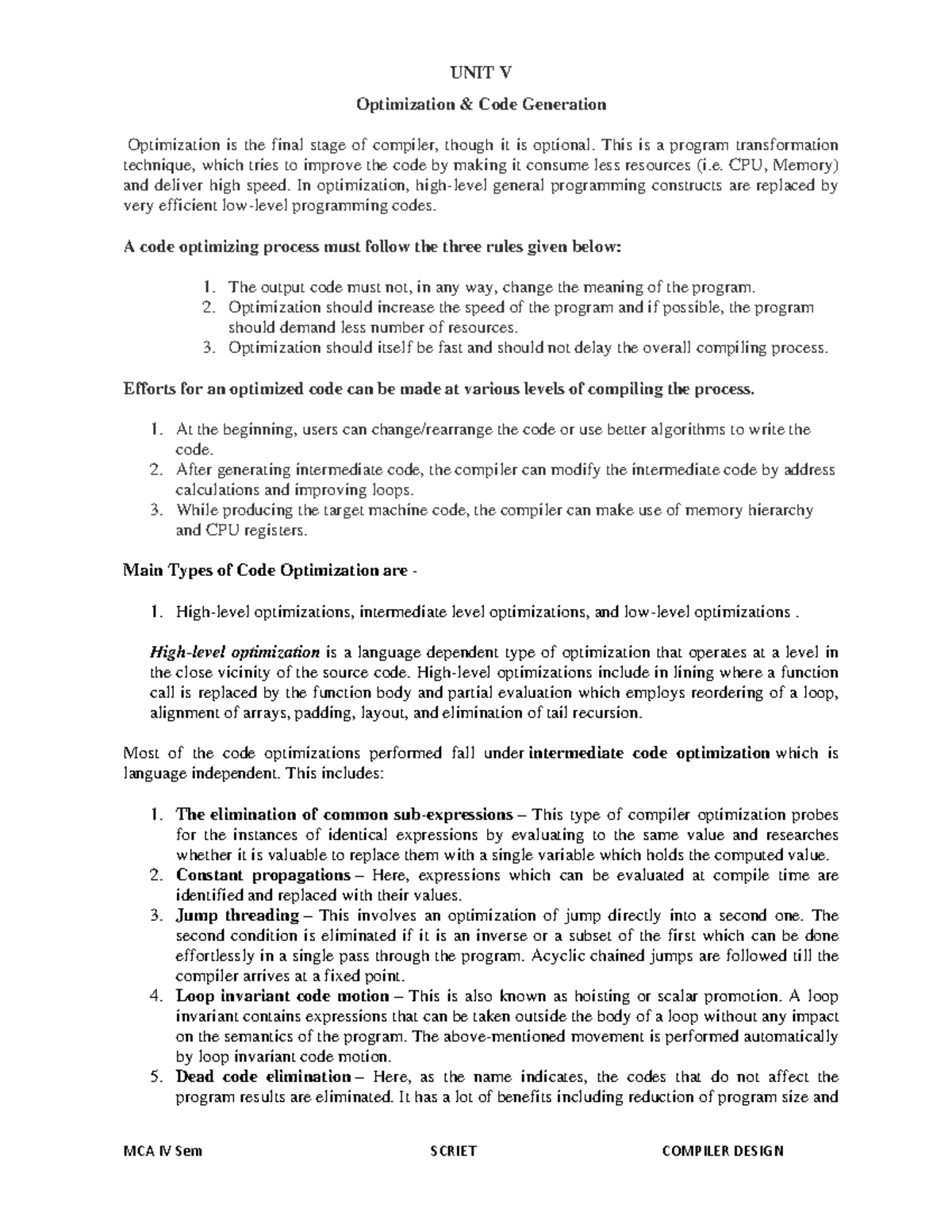 MCA 0705 II UNIT 5 Code Optimization & Code Generation - UNIT V Optimization & Code Generation ...