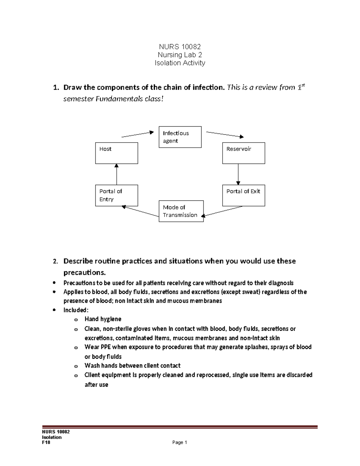 Isolation Activity answers 1 - Infectious agent Host Portal of Entry ...