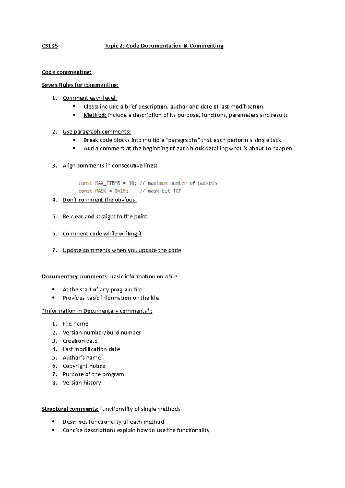 CS 135 Topic 2 - Code Documentation & Commenting - Comment each level ...