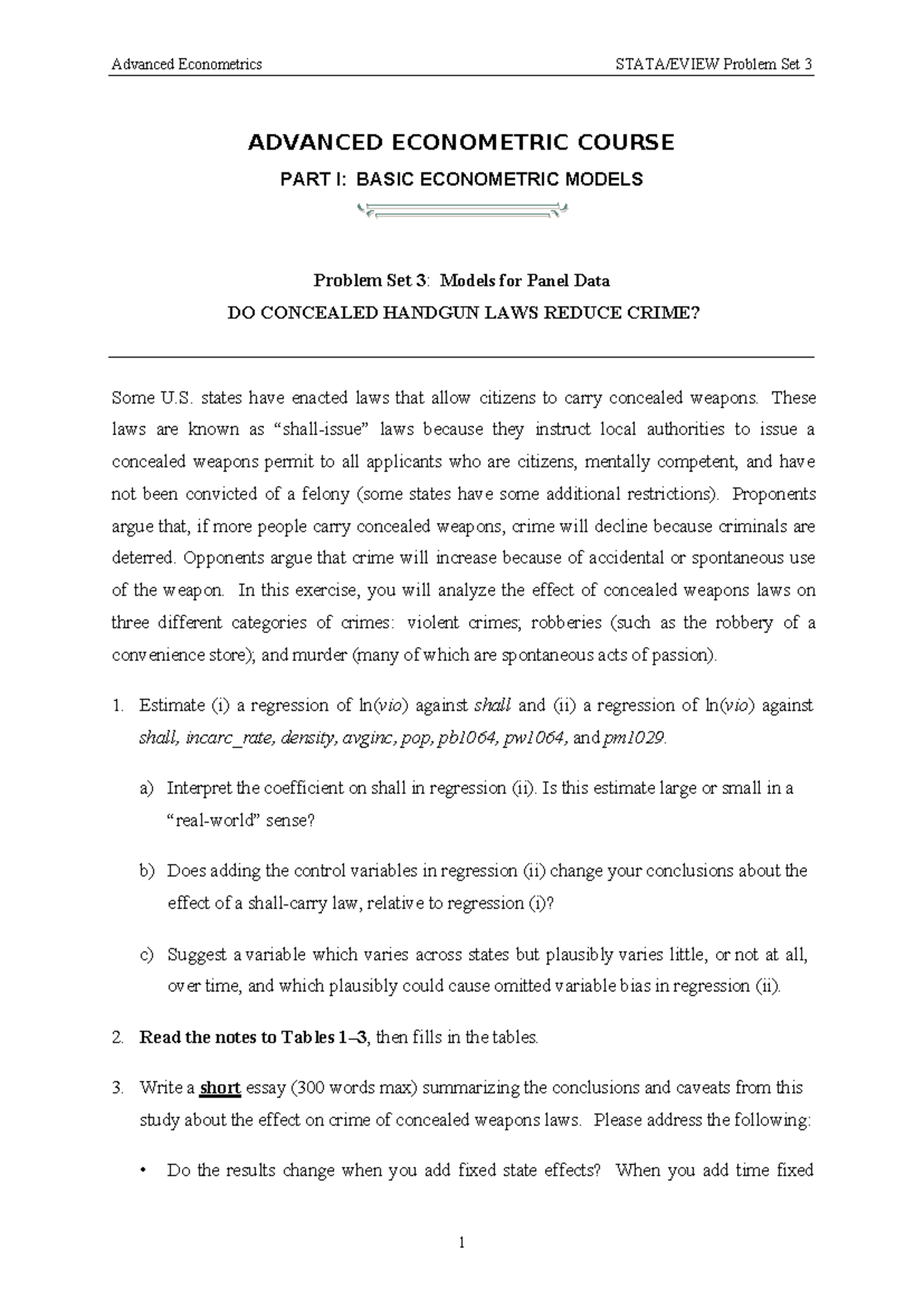 Stata Eview Problem Set 3 Advanced Econometric Course Part I Basic Econometric Models Problem