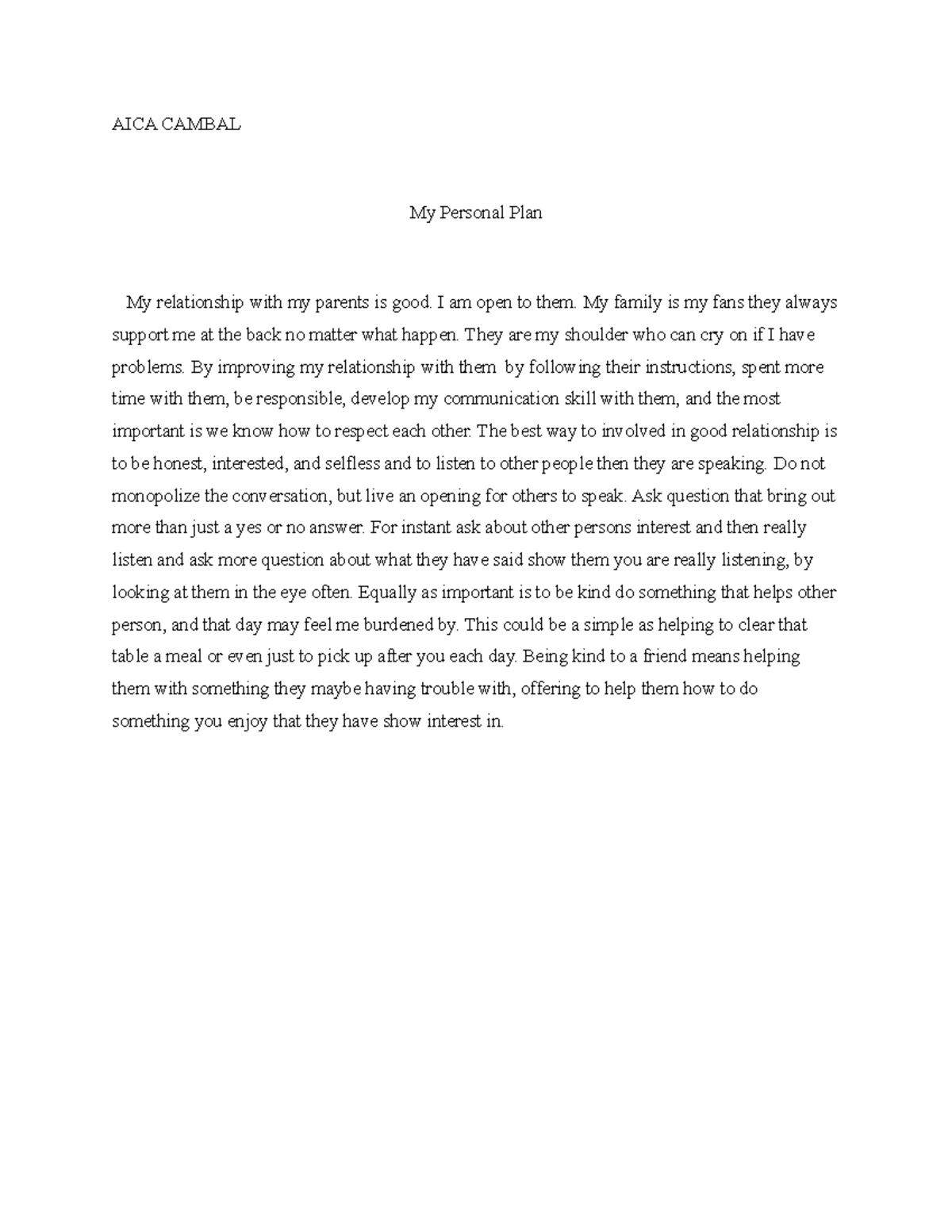 AICA Cambal - hhhhhhhh nh - AICA CAMBAL My Personal Plan My relationship with my parents is good ...