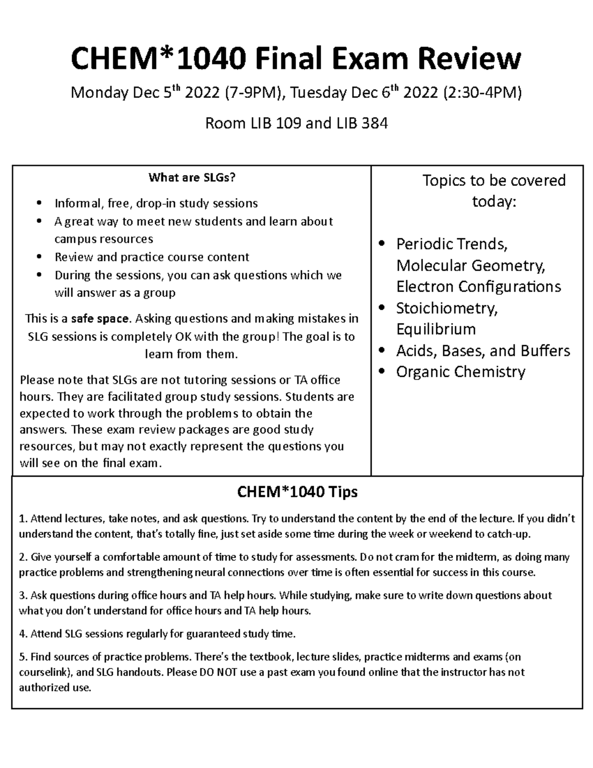 CHEM1040 F22 exam review handout - CHEM*1040 Final Exam Review Monday ...