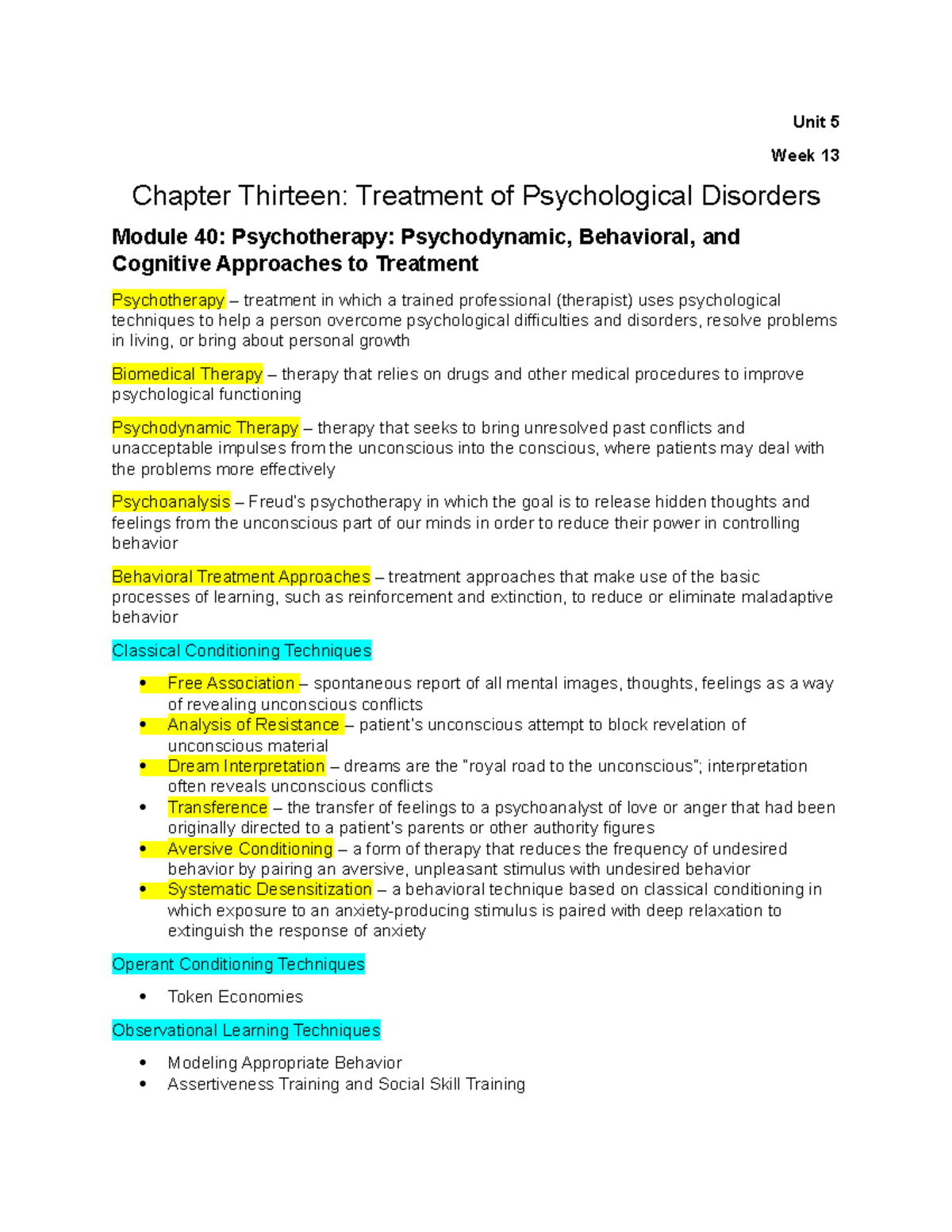 Chapter 13 Notes - Treatment of Psychological Disorders - Unit 5 Week ...