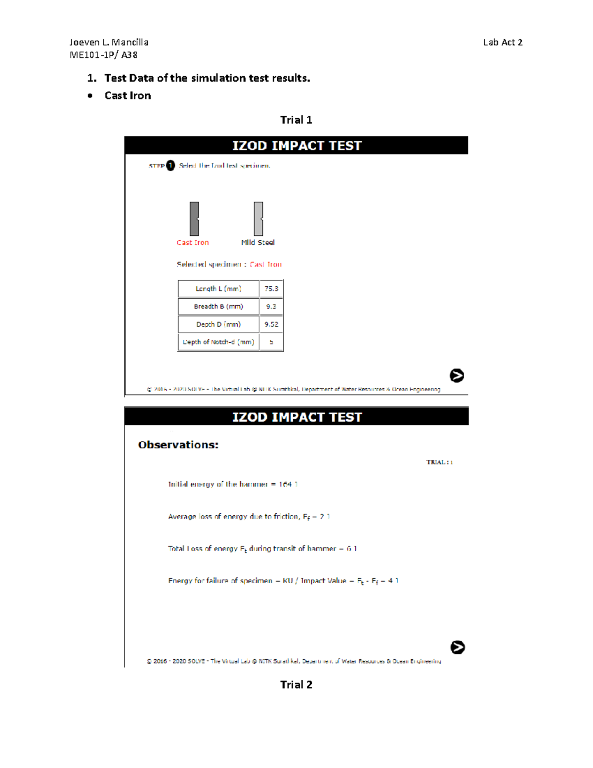ME101-1P A38 ACT 2 - ME101-1P/ A 1. Test Data of the simulation test ...