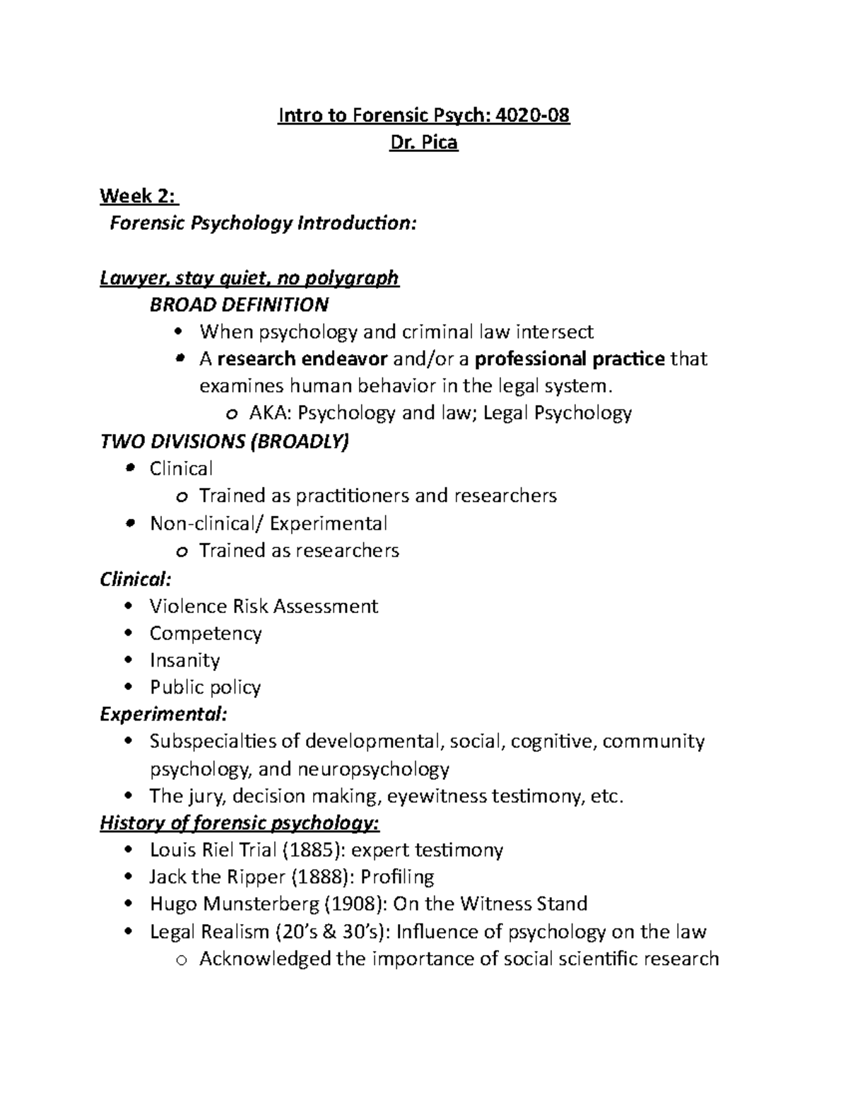 Intro to Forensic Psych 4020-08 - Pica Week 2: Forensic Psychology ...