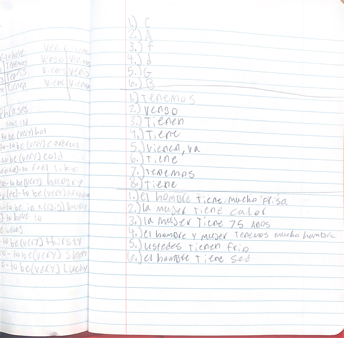 Tener y Venir work on Cuaderno (Aug 30, 2024 at 4:27 PM) - 1.) C 2.) A ...