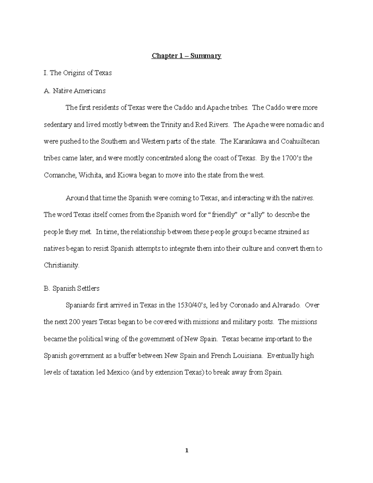 Chapter 1 summary- Texas History - Chapter 1 – Summary I. The Origins ...