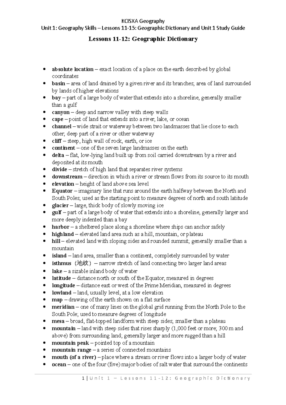 GEO Handout W4 U1 L11-15 Geographic Dictionary and Unit 1 Study Guide ...