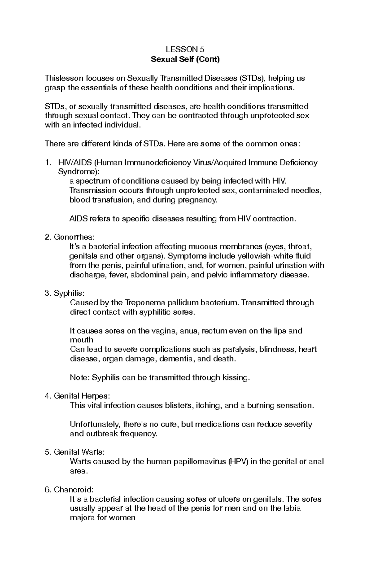 Uts mod 5 cont - LESSON 5 Sexual Self (Cont) Thislesson focuses on Sexually Transmitted Diseases ...
