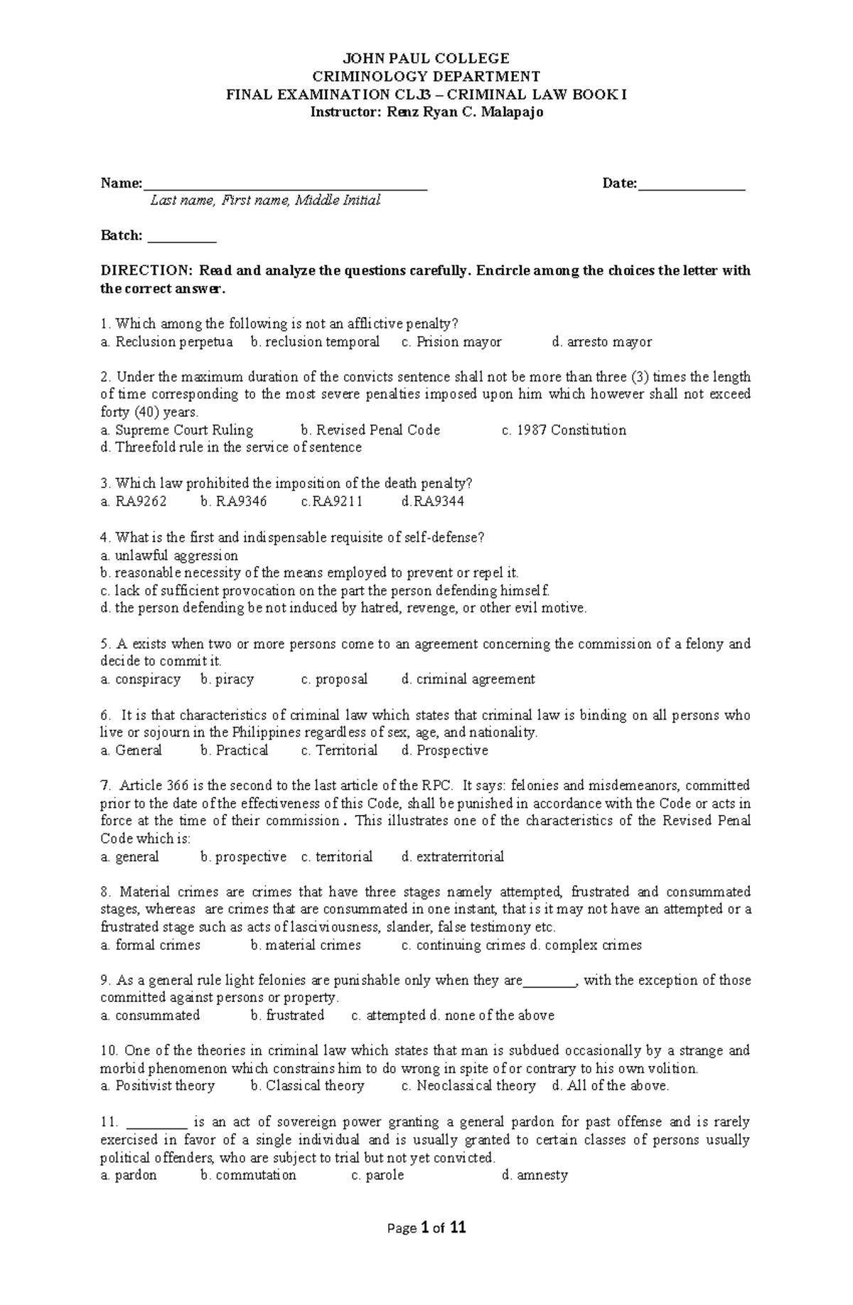 Final Exam for editing - JOHN PAUL COLLEGE CRIMINOLOGY DEPARTMENT FINAL ...