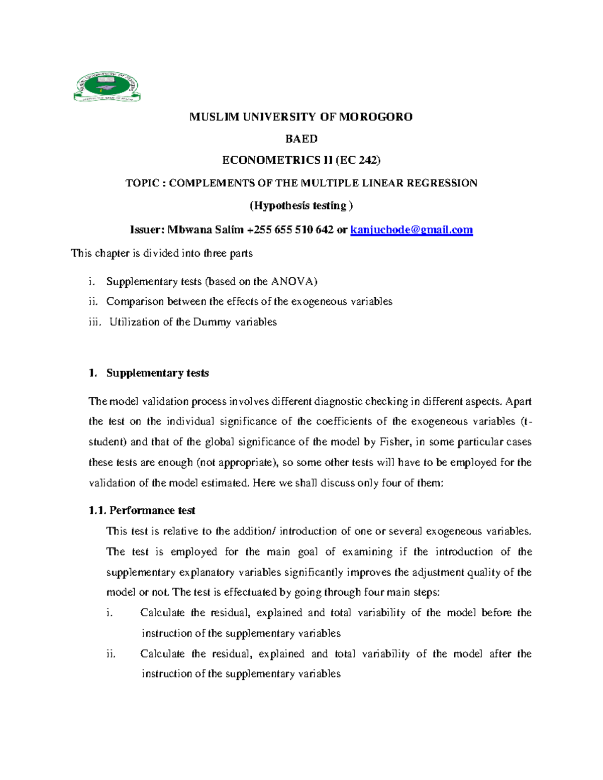 Econometrics Ii Hypothesis Testing Muslim University Of Morogoro Baed Econometrics Ii Ec