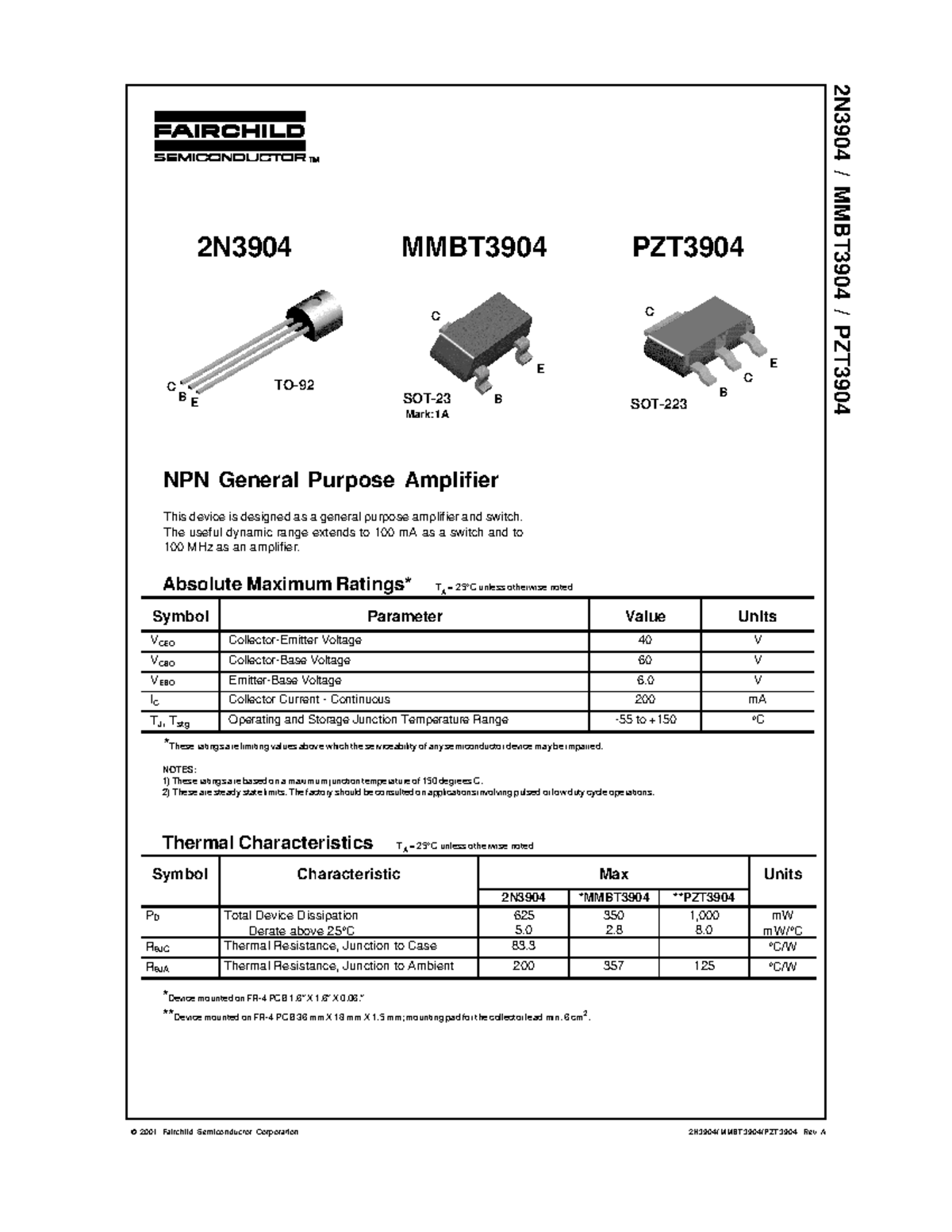 2N3904 - Datasheet - C B E TO- C B E B C C SOT- E NPN General Purpose ...